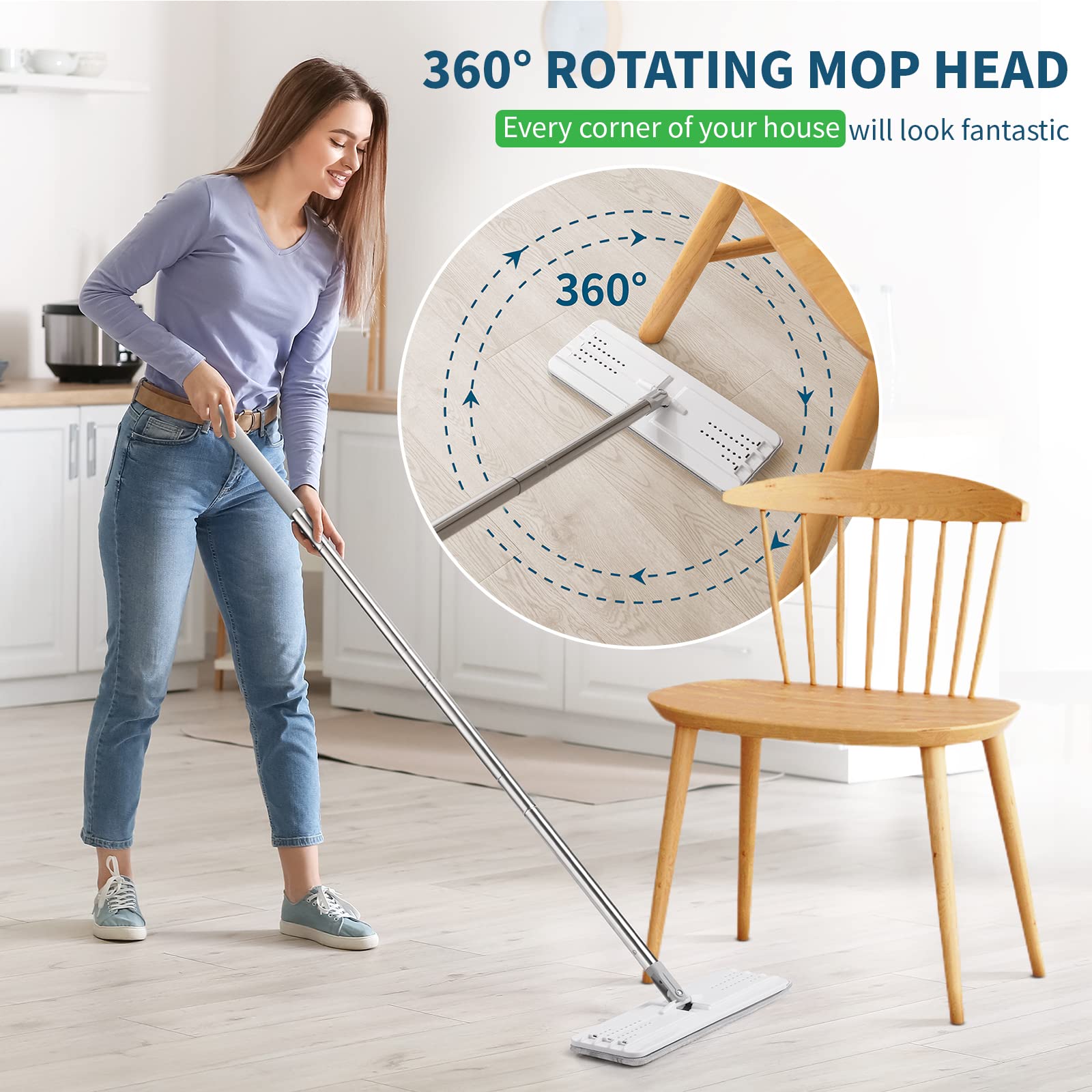 oshang Flat Floor Mop and Bucket Set OG3, Hands Free Home Floor Cleaning System, 60" Long Stainless-Steel Handle, 2 Washable & Reusable Microfiber Mop Heads, Perfect Home Wall Window Kitchen Cleaner