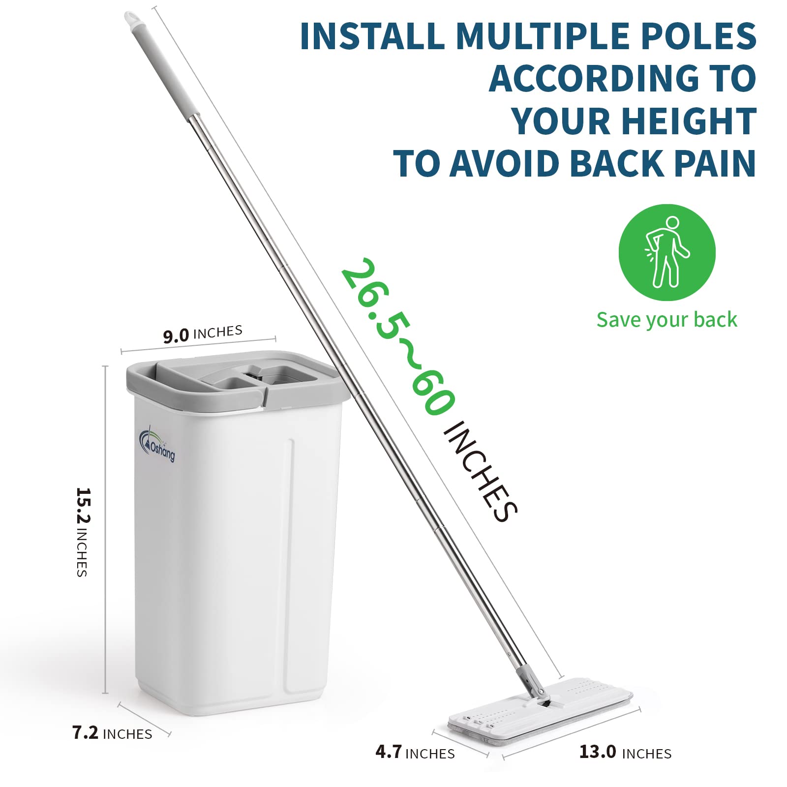 oshang Flat Floor Mop and Bucket Set OG3, Hands Free Home Floor Cleaning System, 60" Long Stainless-Steel Handle, 2 Washable & Reusable Microfiber Mop Heads, Perfect Home Wall Window Kitchen Cleaner