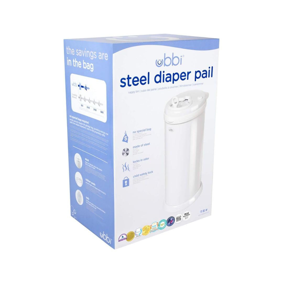 Ubbi Steel Odor Locking, No Special Bag Required Money Saving, Awards-Winning, Modern Design, Registry Must-Have Diaper Pail, White