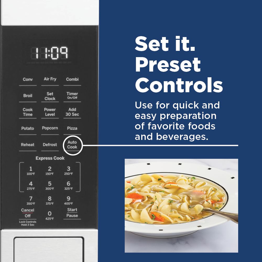 GE 3-in-1 Countertop Microwave Oven | Complete With Air Fryer, Broiler & Convection Mode | 1.0 Cubic Feet Capacity, 1,050 Watts | Kitchen Essentials for the Countertop or Dorm Room | Stainless Steel