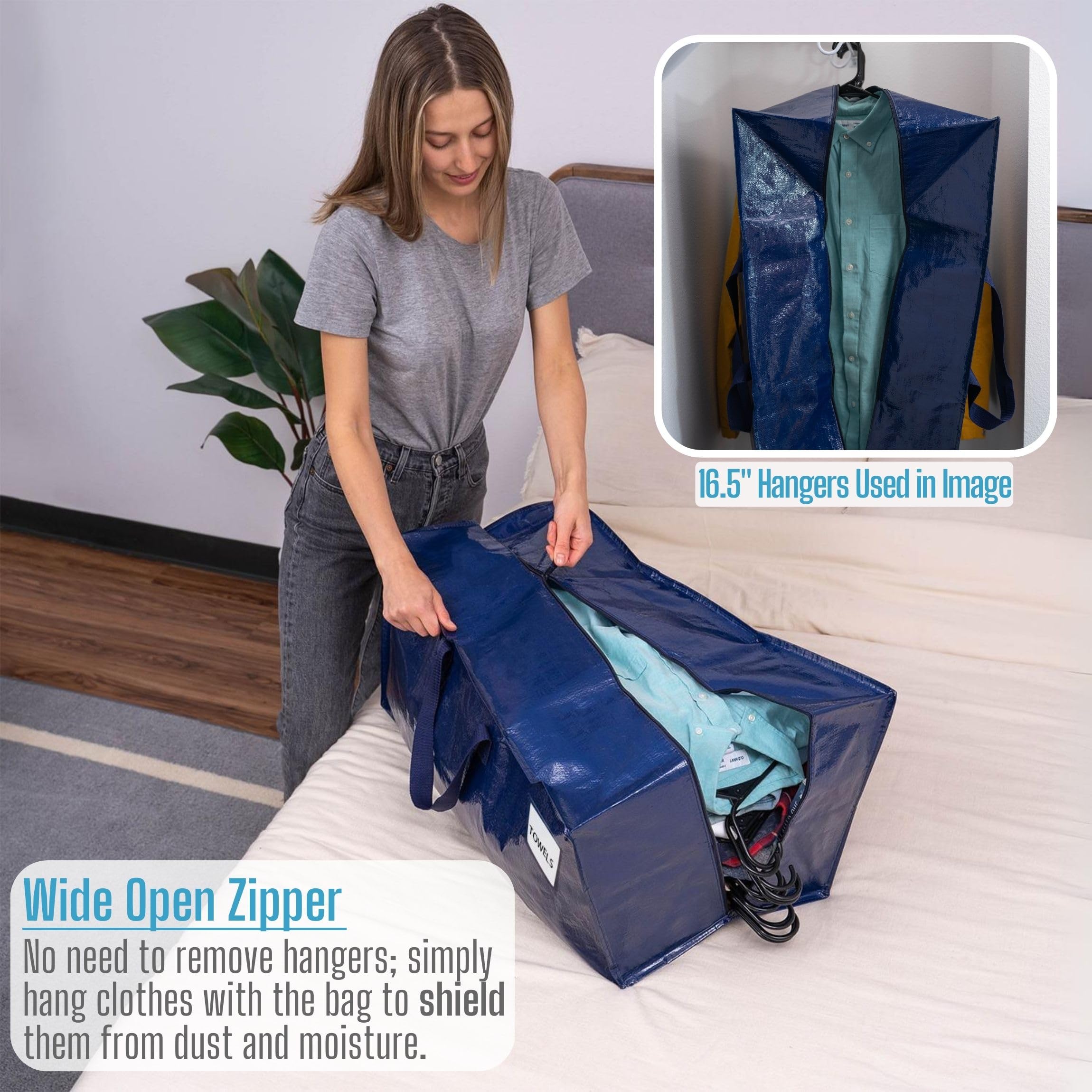 VENO Heavy Duty Extra Large Moving Bags W/ Backpack Straps Strong Handles & Zippers, Storage Totes For Space Saving, Fold Flat, Alternative to Moving Box, Made of Recycled Material (Blue - Set of 10)