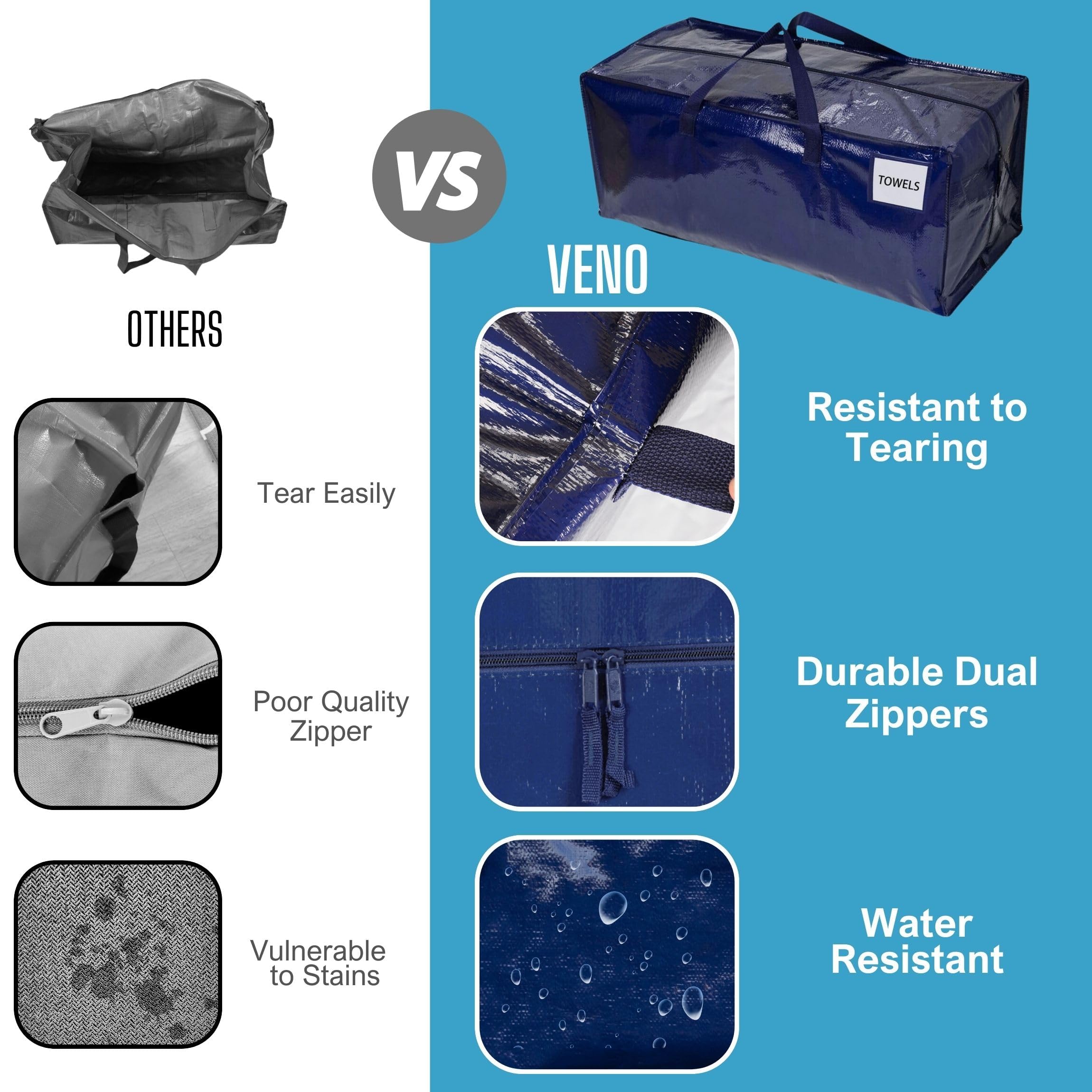 VENO Heavy Duty Extra Large Moving Bags W/ Backpack Straps Strong Handles & Zippers, Storage Totes For Space Saving, Fold Flat, Alternative to Moving Box, Made of Recycled Material (Blue - Set of 10)