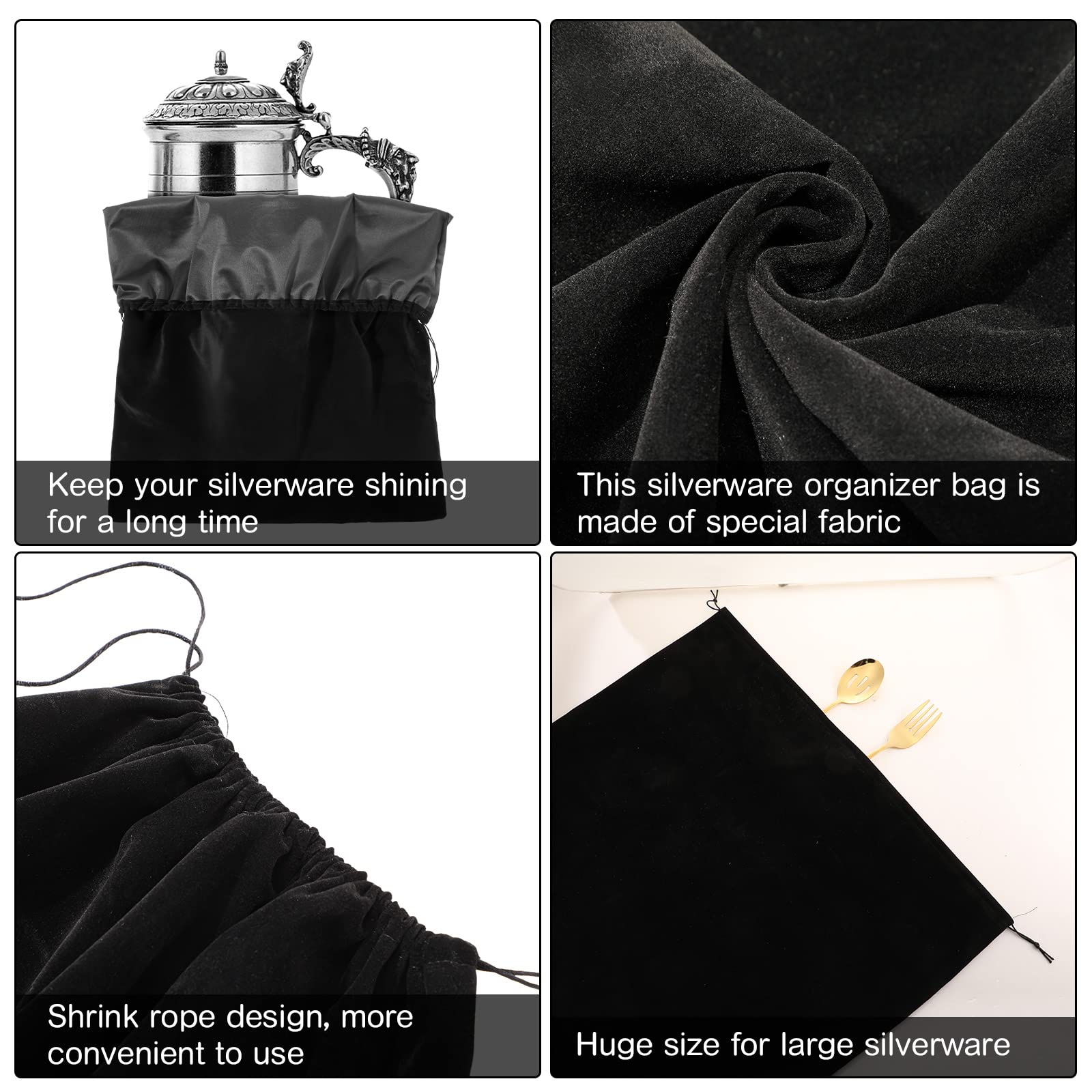 LEIFIDE 2 Pcs 30" x 24" Large Size Silver Storage Bags Anti Tarnish Cloth Bags Black Jewelry Bag Drawstring Pouch Cloth Gift Bags for Gift Watch Silverware Flatware Bracelet