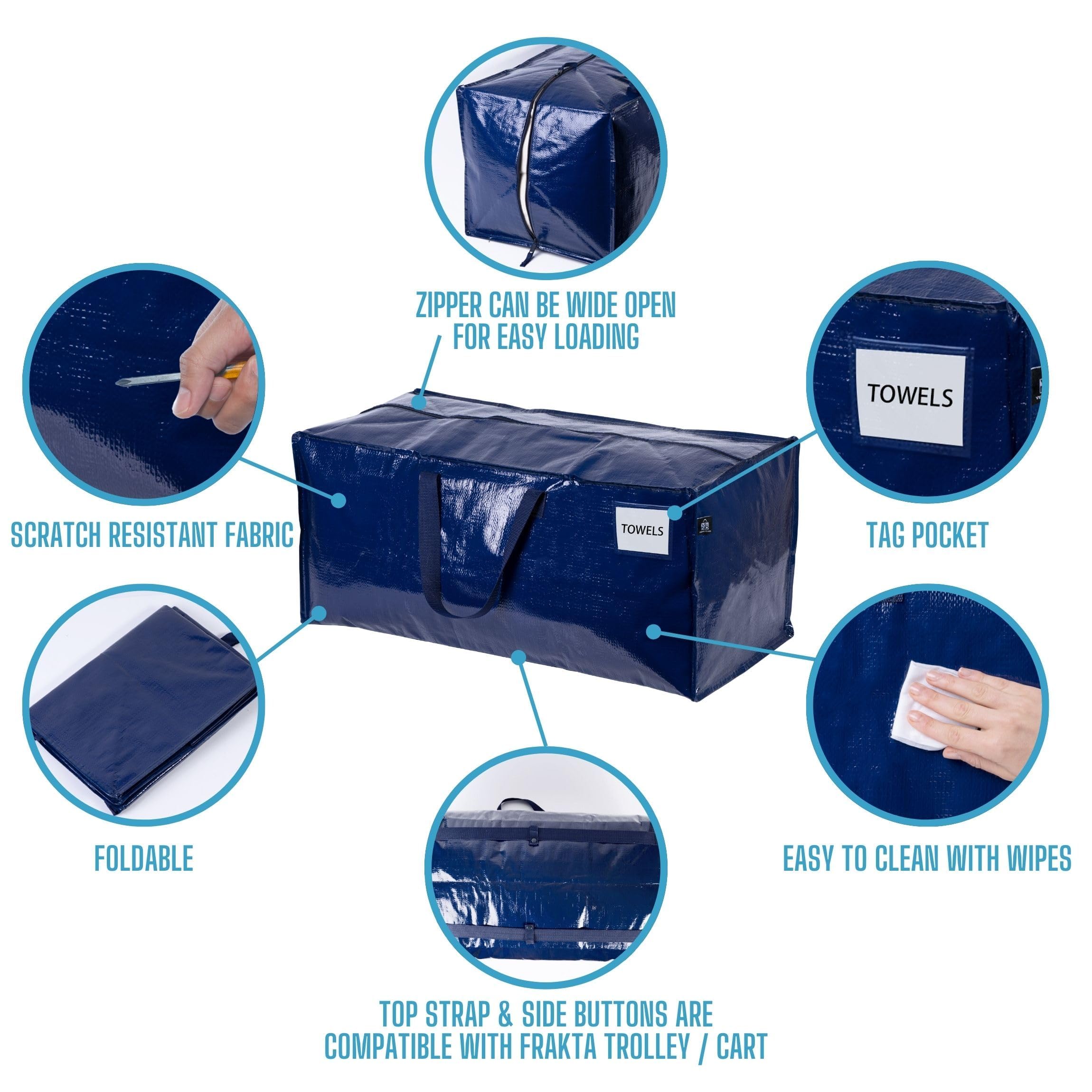 VENO Heavy Duty Extra Large Moving Bags W/ Backpack Straps Strong Handles & Zippers, Storage Totes For Space Saving, Fold Flat, Alternative to Moving Box, Made of Recycled Material (Blue - Set of 10)
