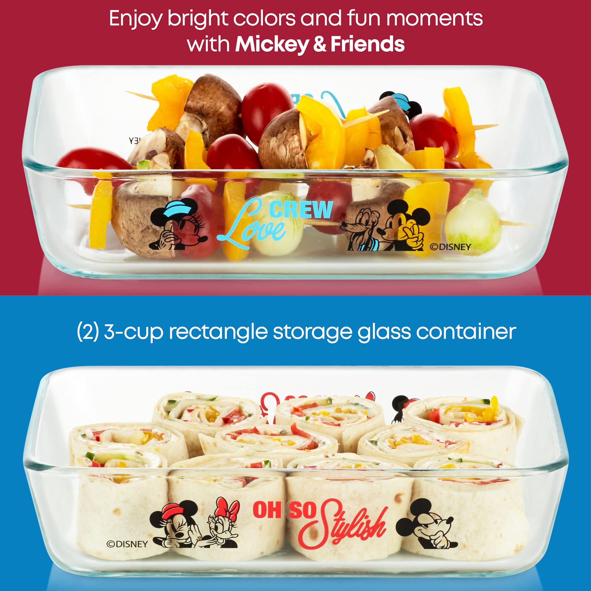 Pyrex 8-Pc Glass Food Storage Container Set, 4-Cup & 3-Cup Decorated Round Meal and Rectangle Prep Containers, Non-Toxic, BPA-Free Lids, Disney Mickey & Friends