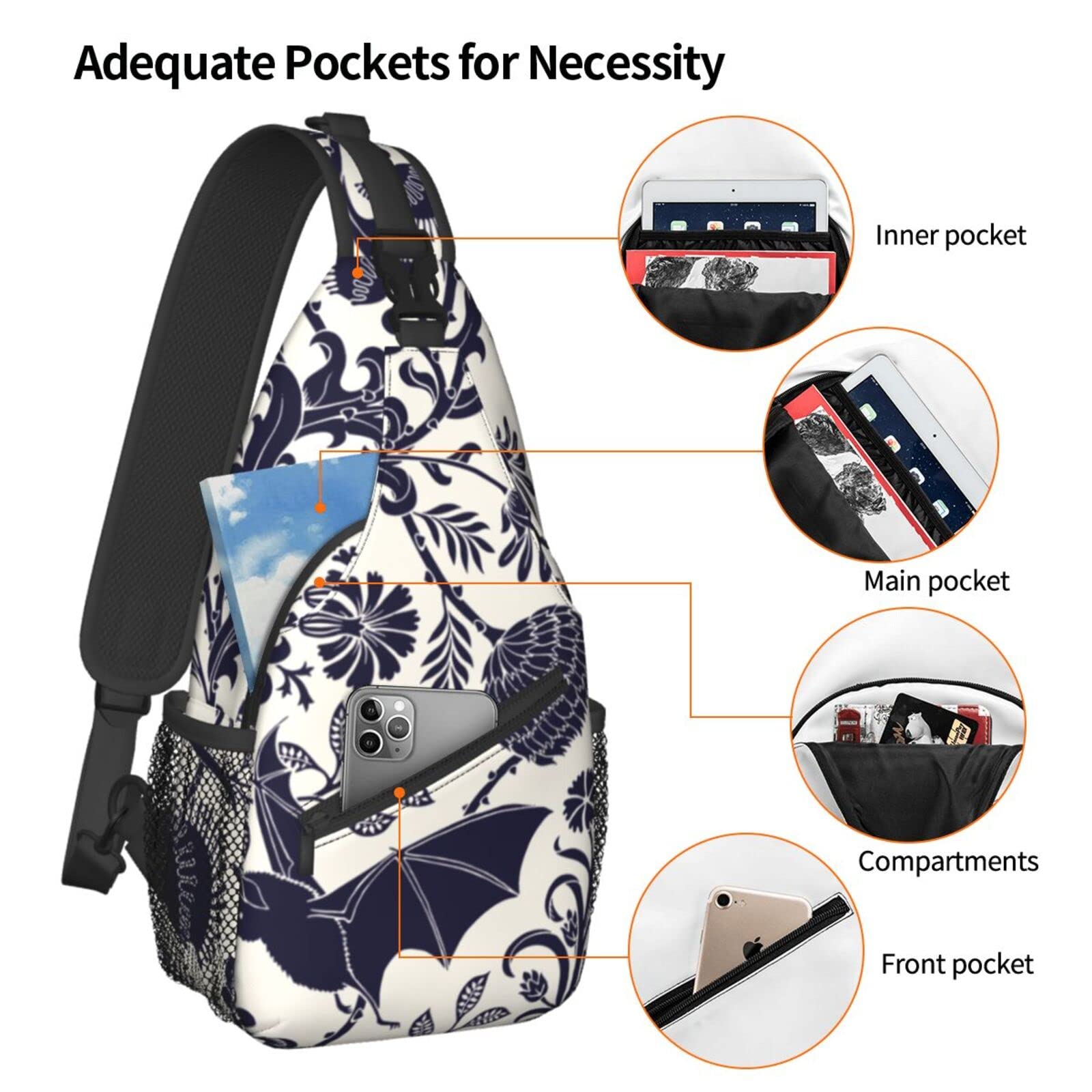 koikvs Halloween Bat Flower large Crossbody Backpack Sling Bag for men women Daypack, Sling Bag with water bottle holder for Travel Shoulder Backpack Chest Bags