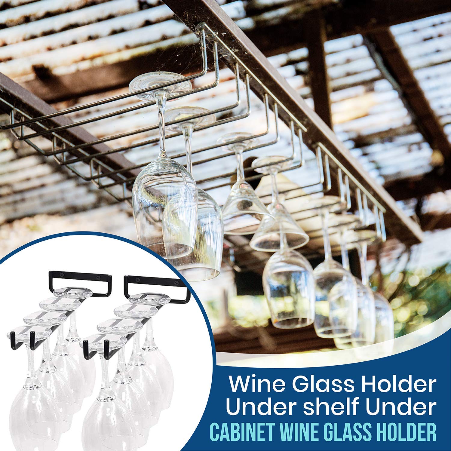 Wine Glass Holder Under shelf Under Cabinet Wine Glass Holder, Under Counter Wine Rack Perfect For Stemware Hanging Glasses -Includes Mug Rack Under Shelf Holder