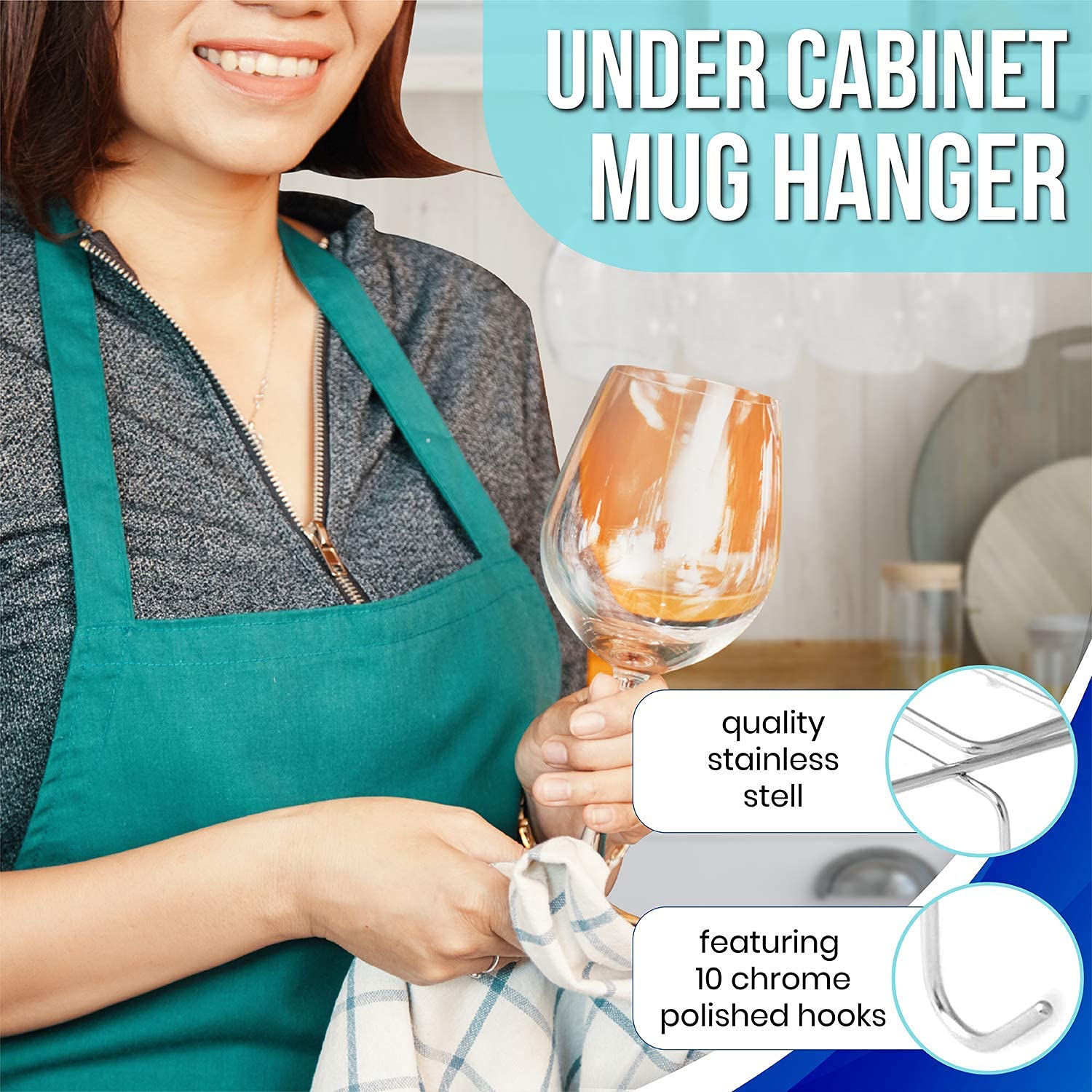 Wine Glass Holder Under shelf Under Cabinet Wine Glass Holder, Under Counter Wine Rack Perfect For Stemware Hanging Glasses -Includes Mug Rack Under Shelf Holder