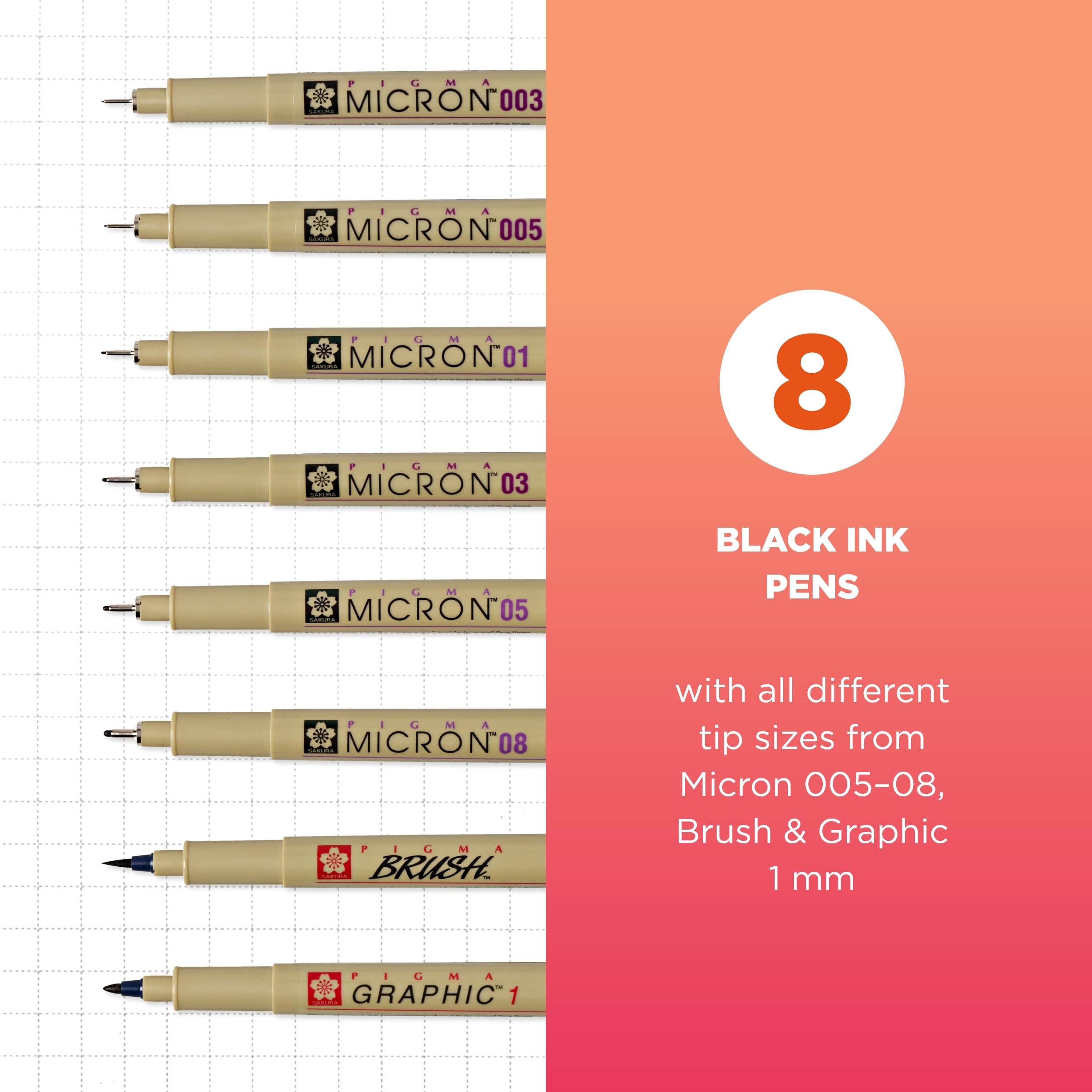 Sakura Pigma 30067 Micron Blister Card Ink Pen Set, Black, 8/Set
