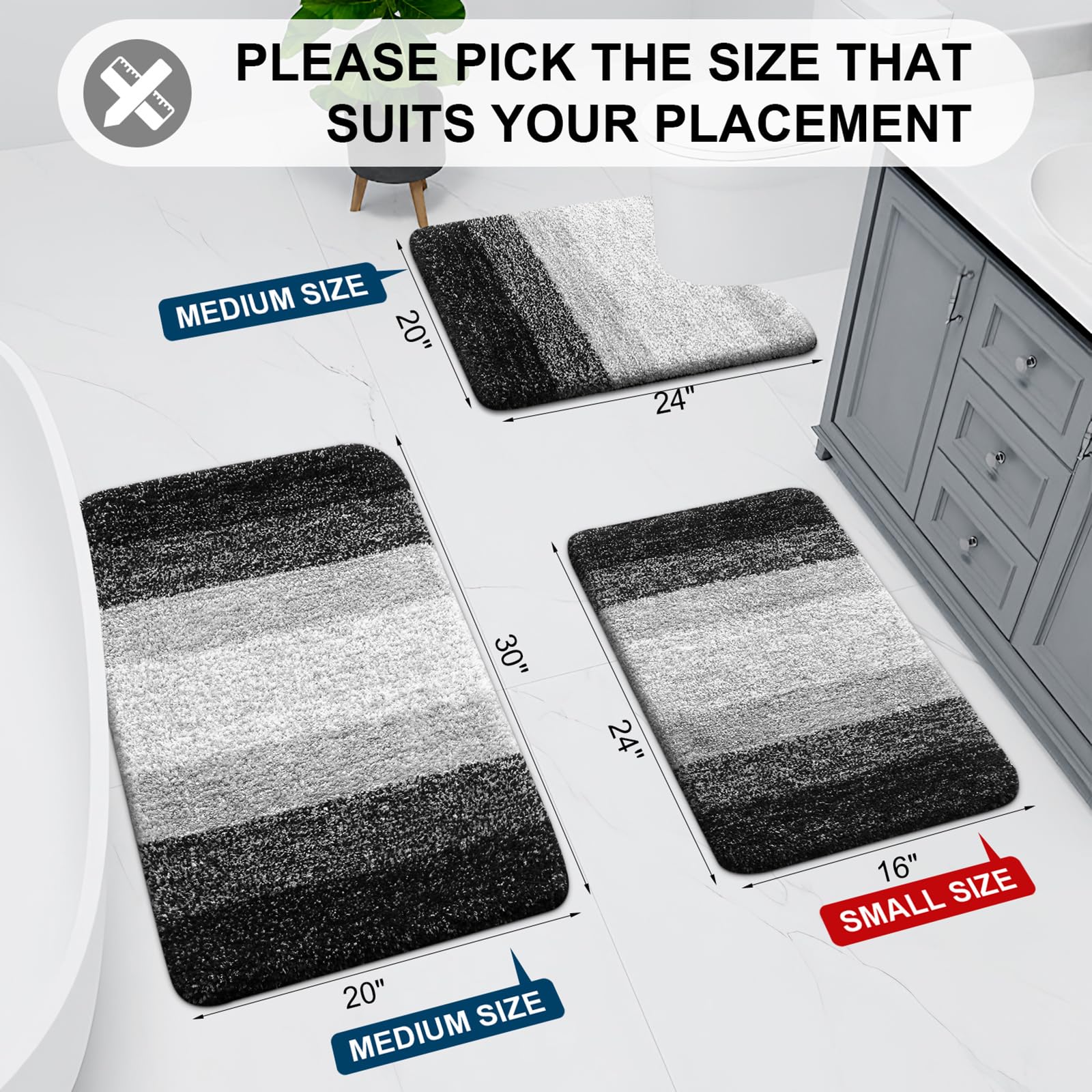 Arotive Microfiber Bathroom Rugs, Shaggy Soft and Absorbent Bath Rug, Non-Slip, Thick Plush Bathroom Mat, Machine Washable Dry Bath Mats for Bathroom, Tub and Shower, 16" x 24", Black