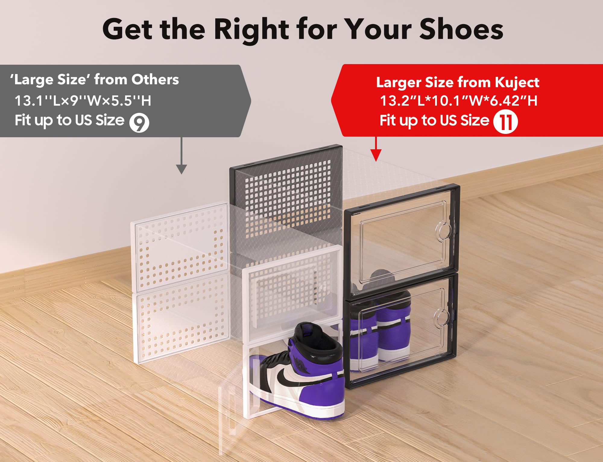 Kuject Large Shoe Organizer Storage Boxes for Closet, Fit Size 11, Clear Plastic Stackable Sneaker Containers Bins with Lids, Great Substitute for Shoe Rack, Space Saving for Entryway, Black, 12 Pack