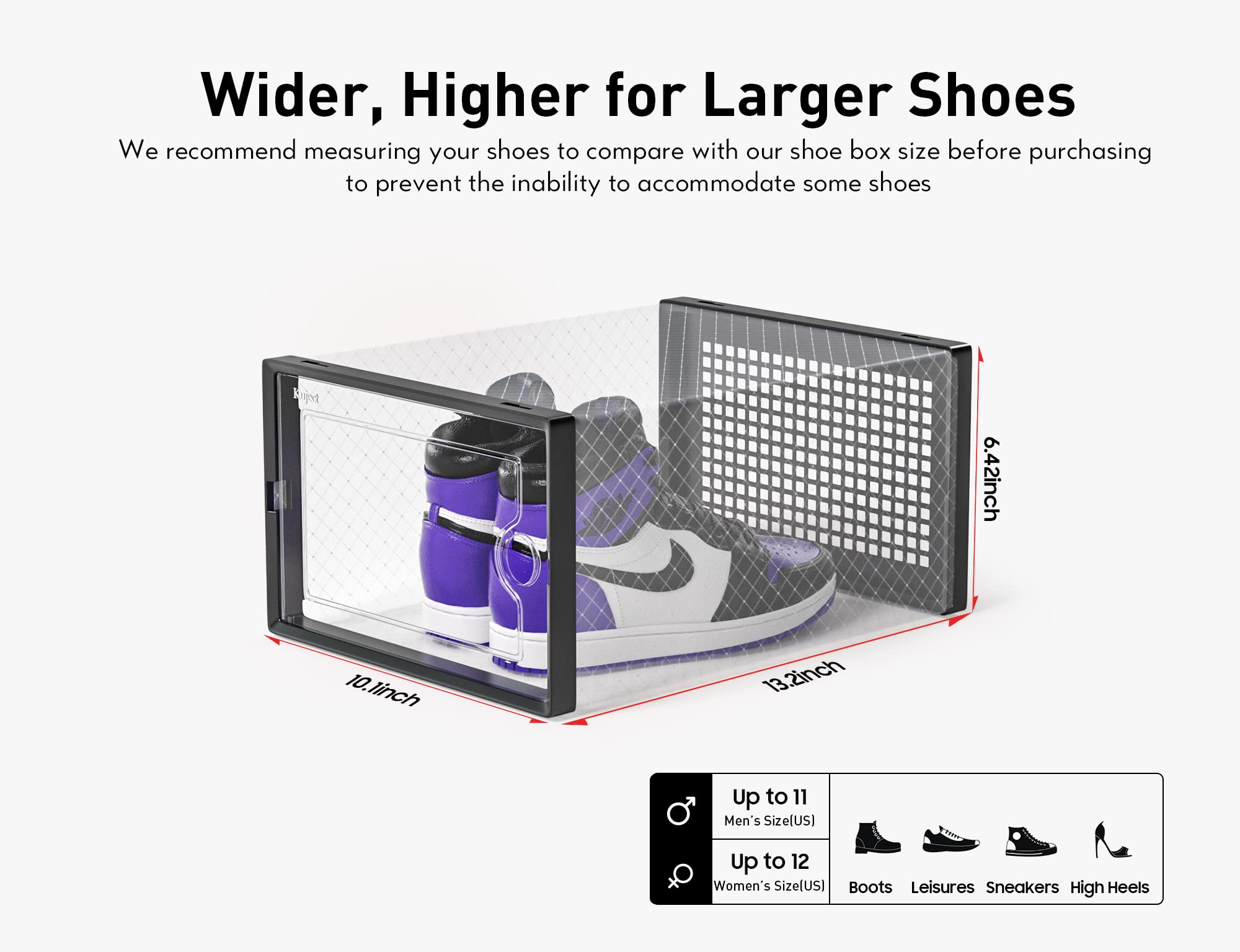 Kuject Large Shoe Organizer Storage Boxes for Closet, Fit Size 11, Clear Plastic Stackable Sneaker Containers Bins with Lids, Great Substitute for Shoe Rack, Space Saving for Entryway, Black, 12 Pack