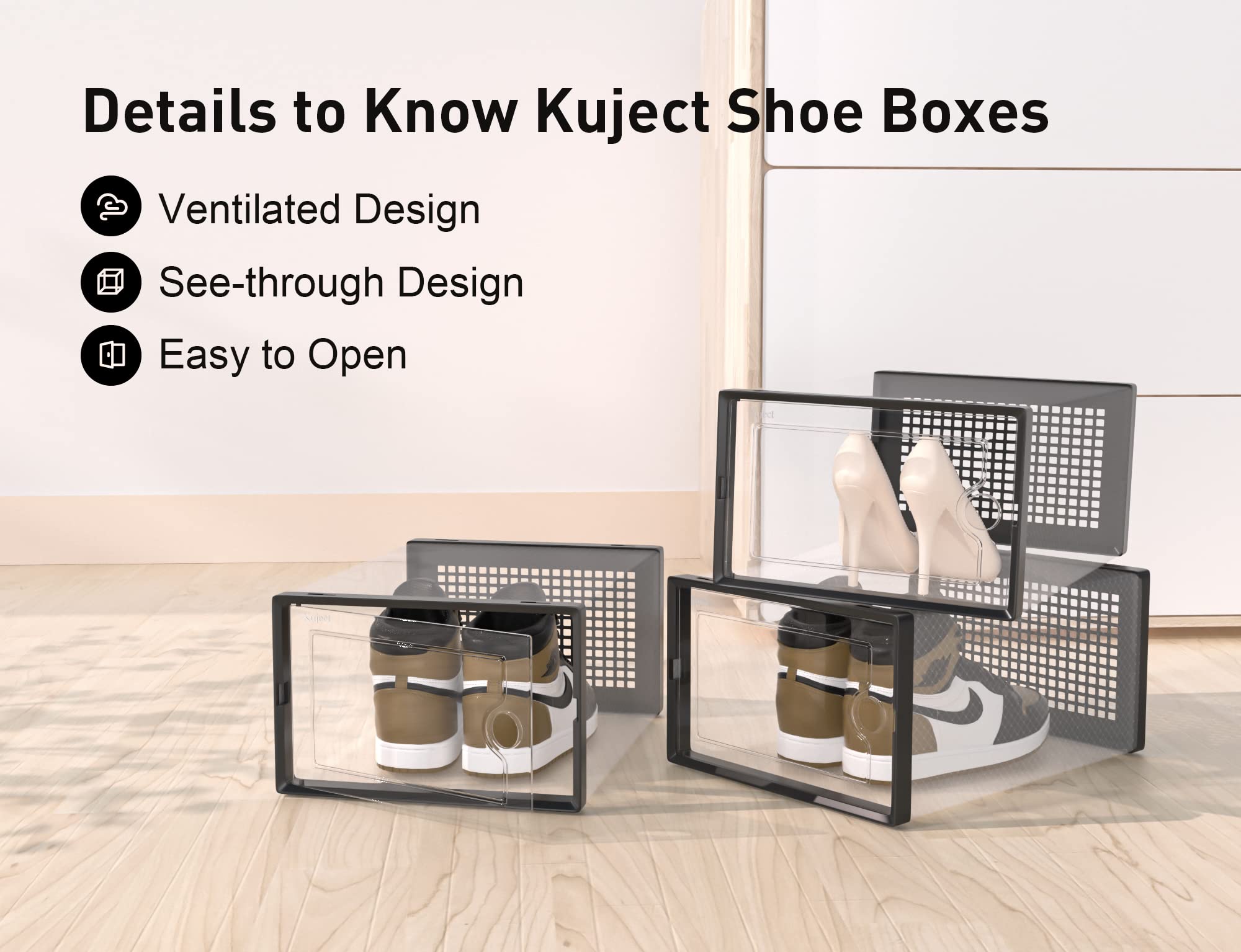 Kuject Large Shoe Organizer Storage Boxes for Closet, Fit Size 11, Clear Plastic Stackable Sneaker Containers Bins with Lids, Great Substitute for Shoe Rack, Space Saving for Entryway, Black, 12 Pack