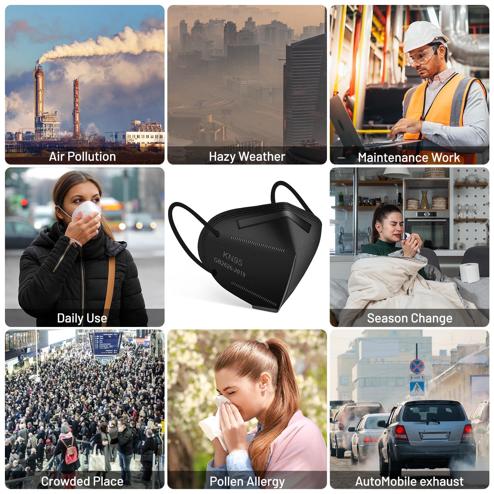 OPECTICID KN95 Face Mask 60 PCS, KN95 Masks Black Individually Wrapped Breathable 5-Layer Filter Efficiency≥95% Certified Disposable Face Masks
