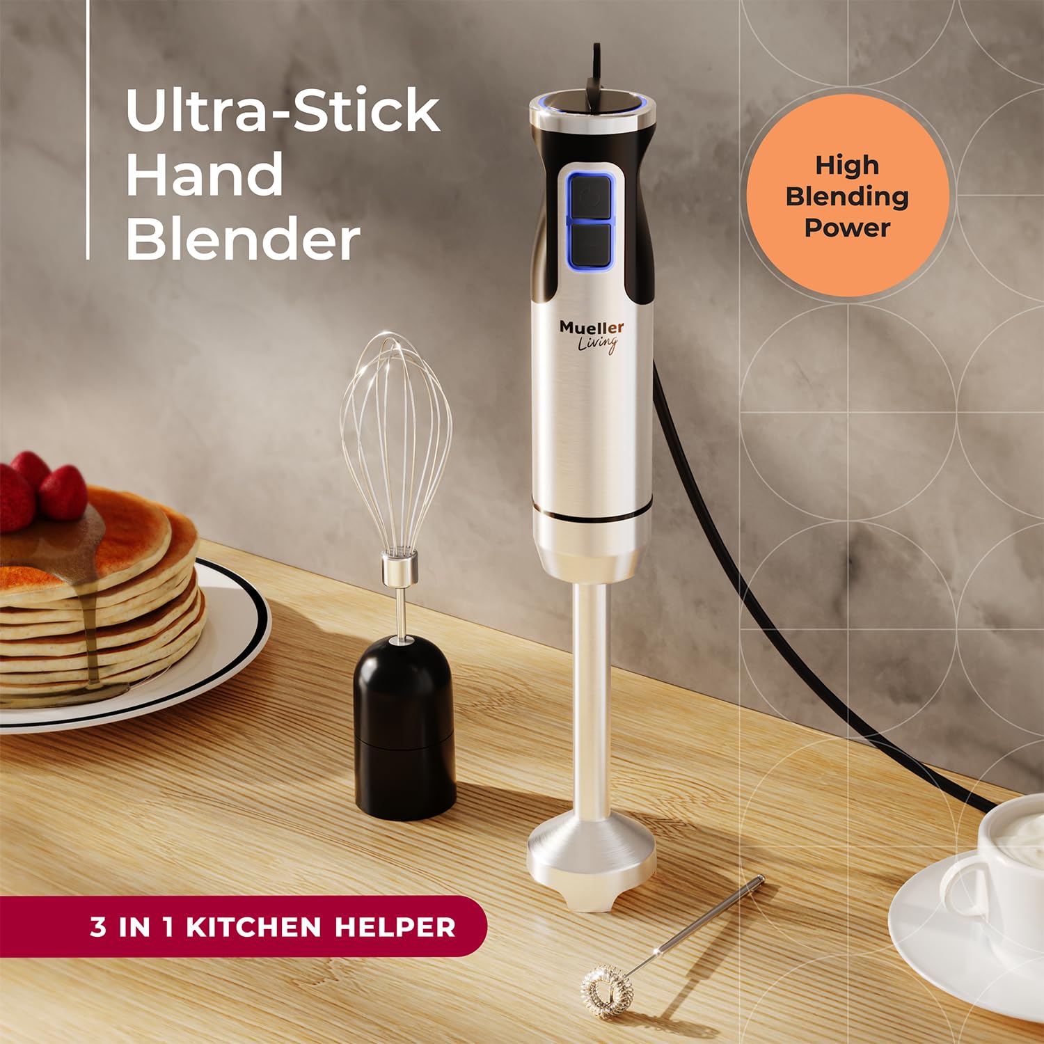 Mueller Ultra-Stick 500 Watt 9-Speed Immersion Multi-Purpose Hand Blender Heavy Duty Copper Motor Brushed 304 Stainless Steel With Whisk, Milk Frother Attachments