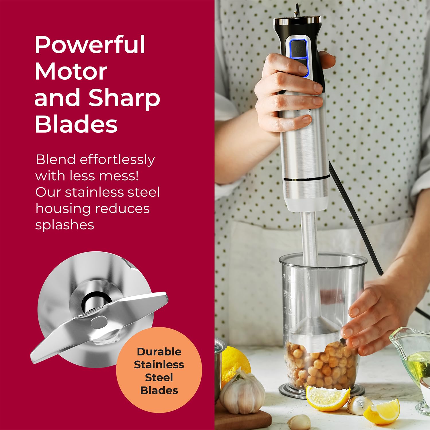 Mueller Ultra-Stick 500 Watt 9-Speed Immersion Multi-Purpose Hand Blender Heavy Duty Copper Motor Brushed 304 Stainless Steel With Whisk, Milk Frother Attachments