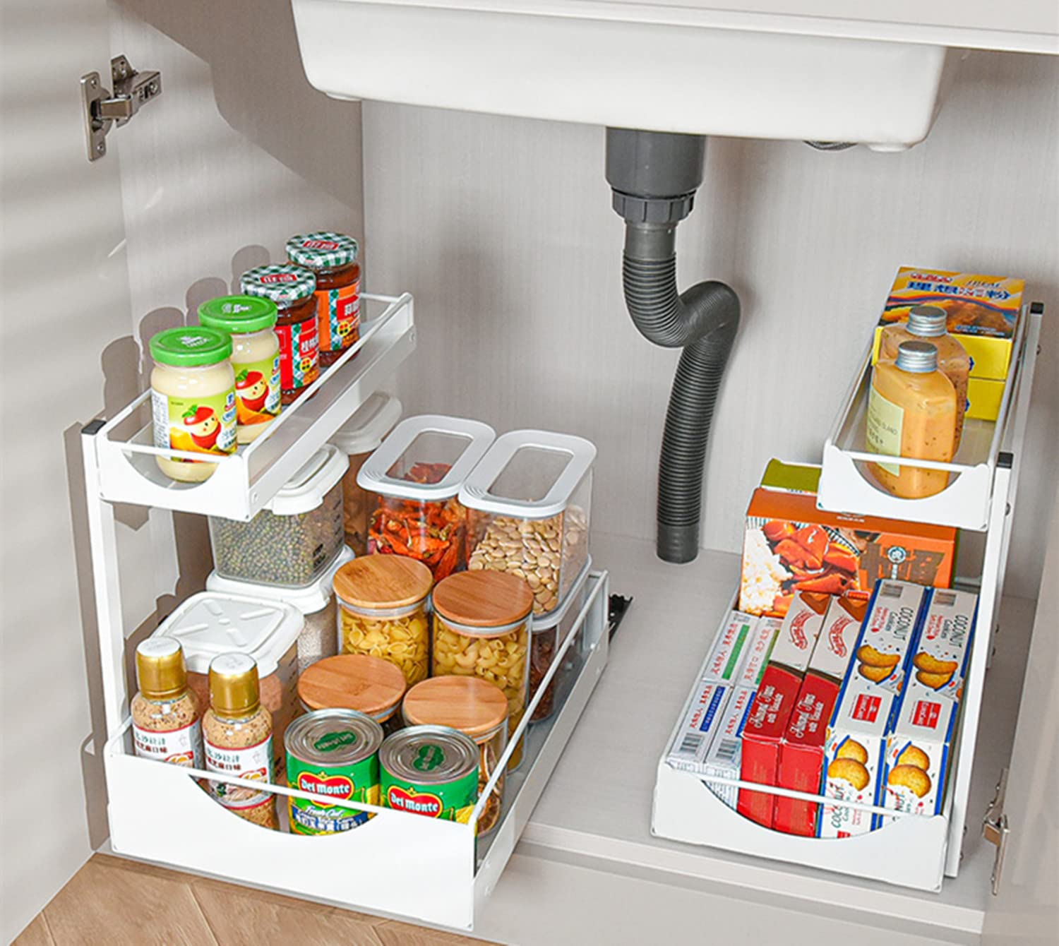 KINGPOUL Under Sink Organizers-2-Tier L-Shape Heavy Duty Metal Smooth Slide Out Pull Out Drawers for Under Cabinet Storage Around Plumbing, Under Kitchen Bathroom Sink Organizers and Storage(White