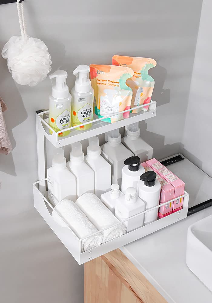 KINGPOUL Under Sink Organizers-2-Tier L-Shape Heavy Duty Metal Smooth Slide Out Pull Out Drawers for Under Cabinet Storage Around Plumbing, Under Kitchen Bathroom Sink Organizers and Storage(White