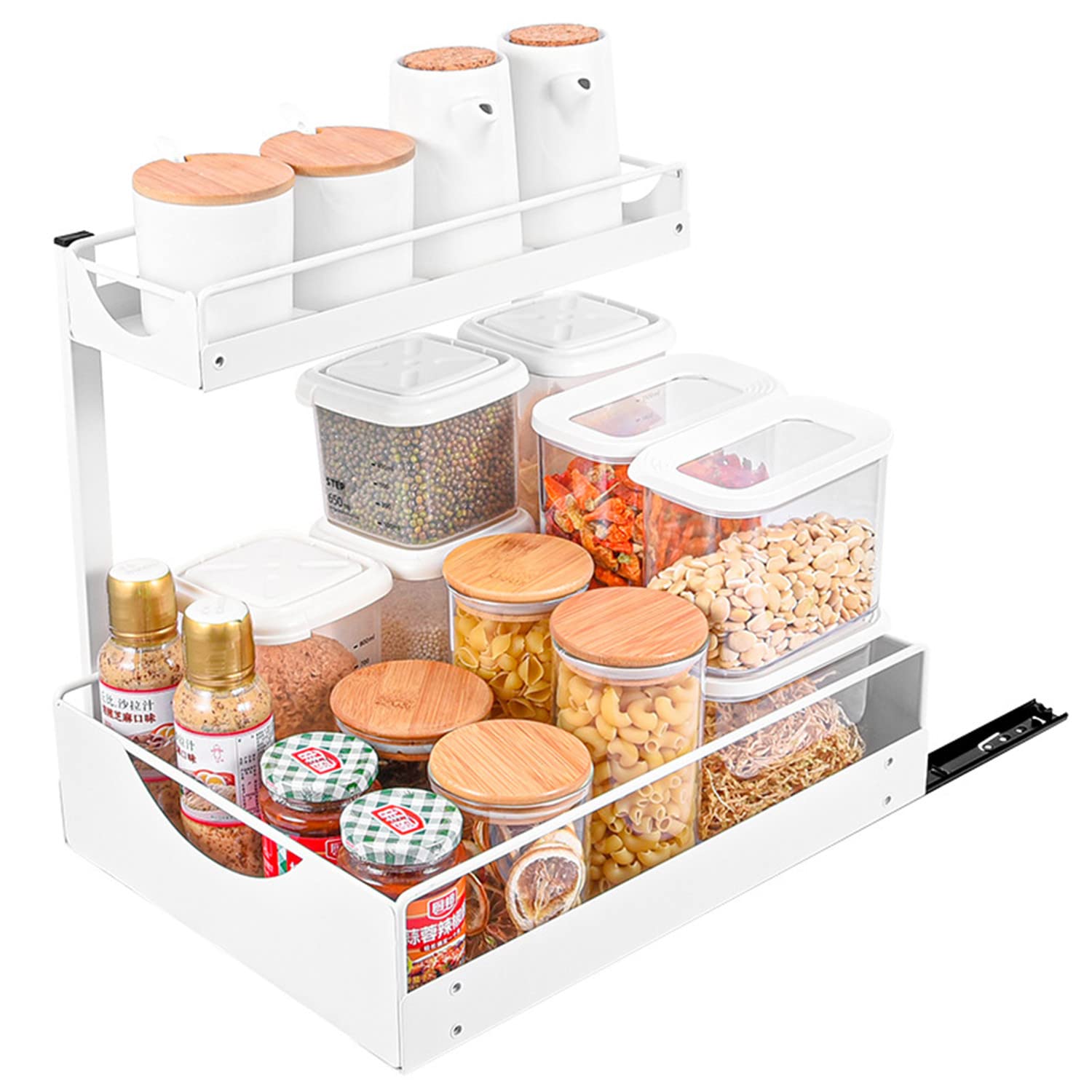 KINGPOUL Under Sink Organizers-2-Tier L-Shape Heavy Duty Metal Smooth Slide Out Pull Out Drawers for Under Cabinet Storage Around Plumbing, Under Kitchen Bathroom Sink Organizers and Storage(White