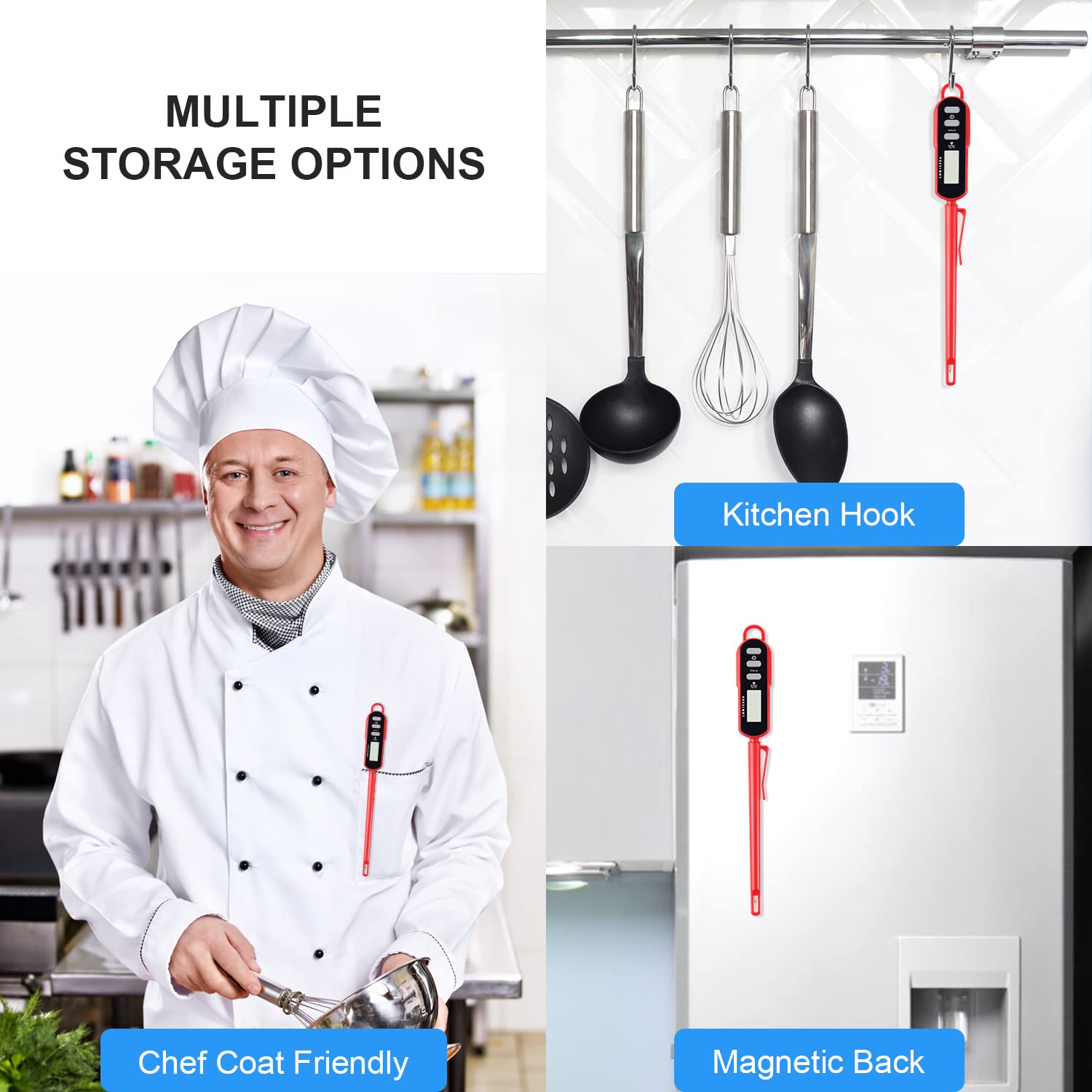Lonicera Instant Read Digital Meat Thermometer for Cooking Food, Bread Baking, Water and Liquid Temperature, Waterproof and Long Probe for Candy, with Backlit LCD and Magnet (Red)