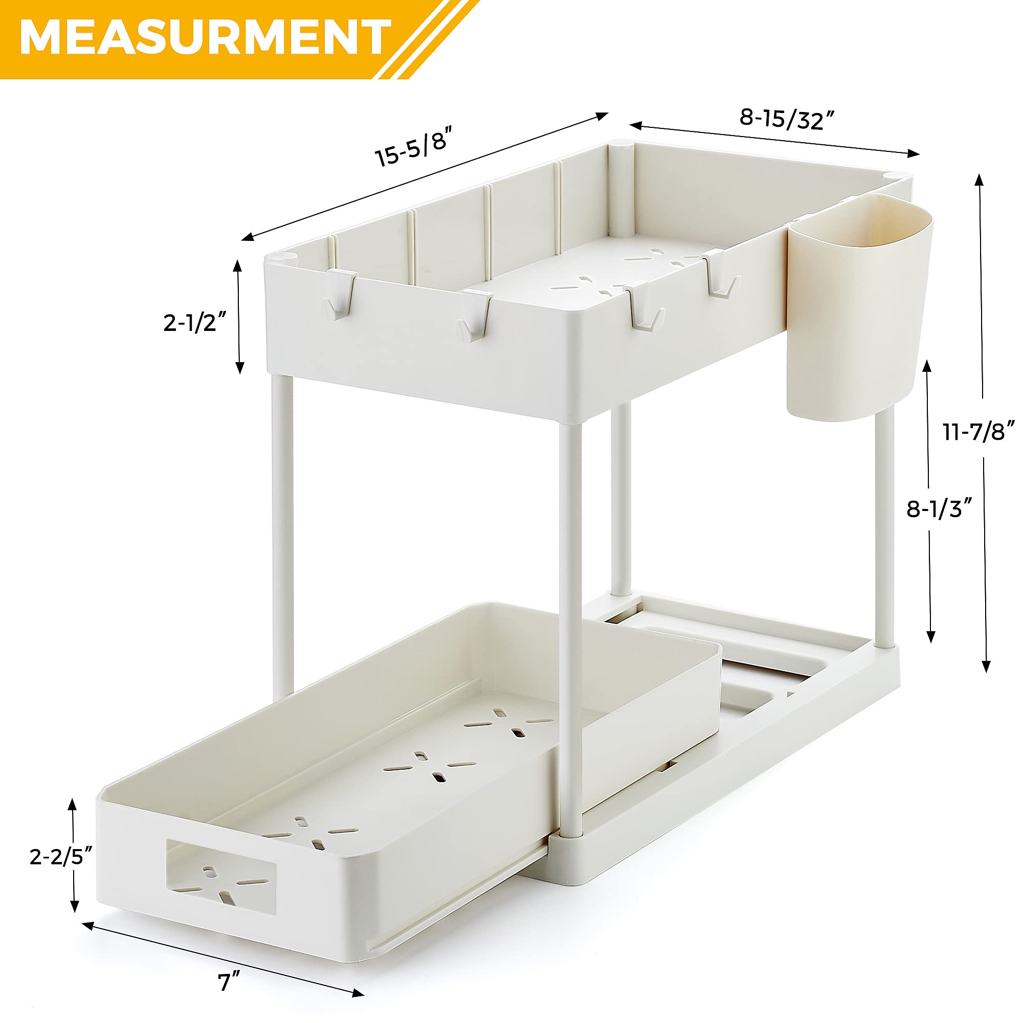 Under Sink Organizers and Storage, 2 Tier Pull Out Cabinet Organizer, Kitchen Cabinet Organizer Bathroom Sink Organizer with Hooks, Cabinet Organizers and Storage for Bathroom, White, 2 Pack