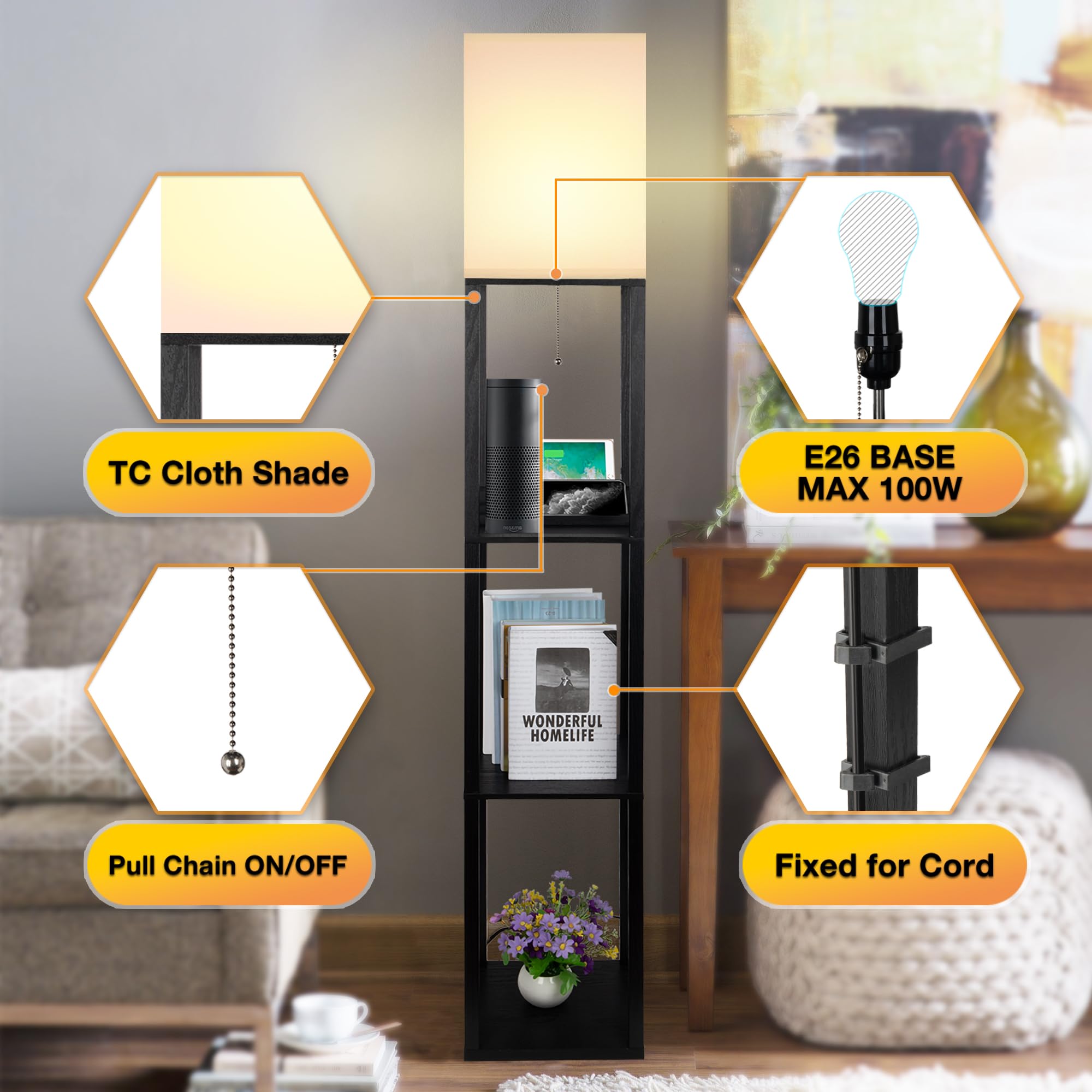 SHINE HAI 3-in-1 Shelf Floor Lamp with 2 USB Ports and 1 Power Outlet, 3-Tiered LED Shelf Floor Lamp, Shelf & Storage & LED Floor Lamp Combination, Modern Standing Light for Living Room, Bedroom