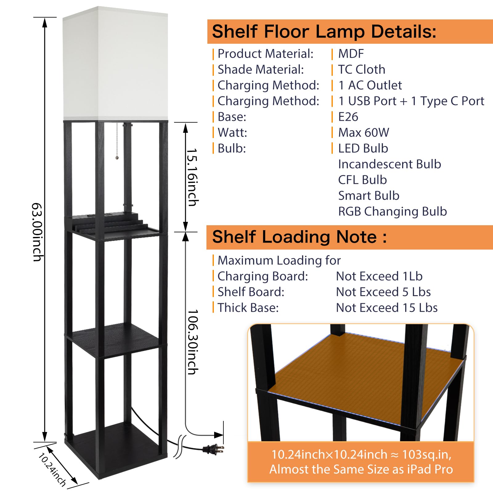 SHINE HAI 3-in-1 Shelf Floor Lamp with 2 USB Ports and 1 Power Outlet, 3-Tiered LED Shelf Floor Lamp, Shelf & Storage & LED Floor Lamp Combination, Modern Standing Light for Living Room, Bedroom