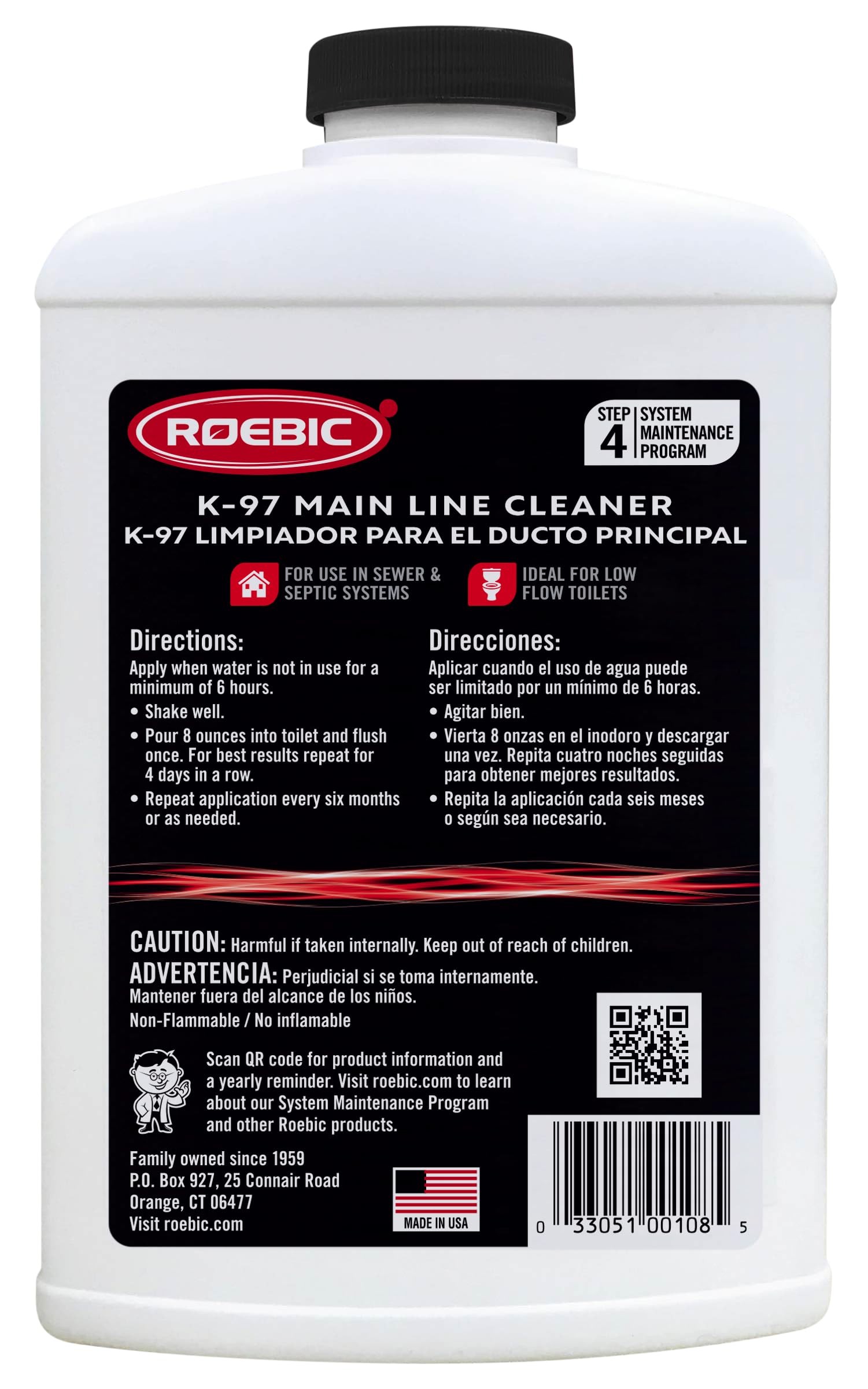 Roebic K-97 Main Line Cleaner, Exclusive Biodegradable Bacteria Digests Paper, Fats, and Grease in Sewer and Septic Systems, 32 Ounces