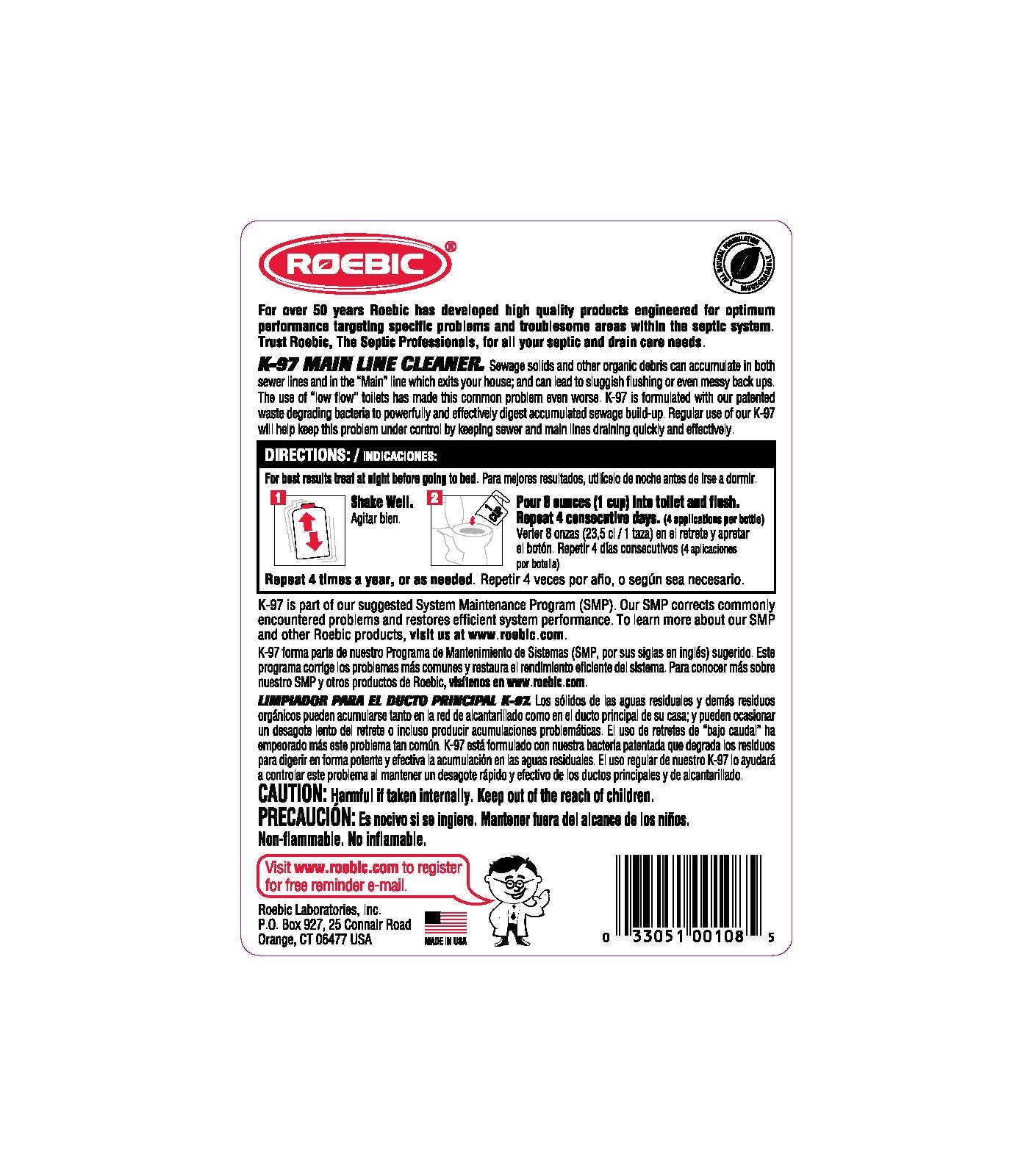 Roebic K-97 Main Line Cleaner, Exclusive Biodegradable Bacteria Digests Paper, Fats, and Grease in Sewer and Septic Systems, 32 Ounces