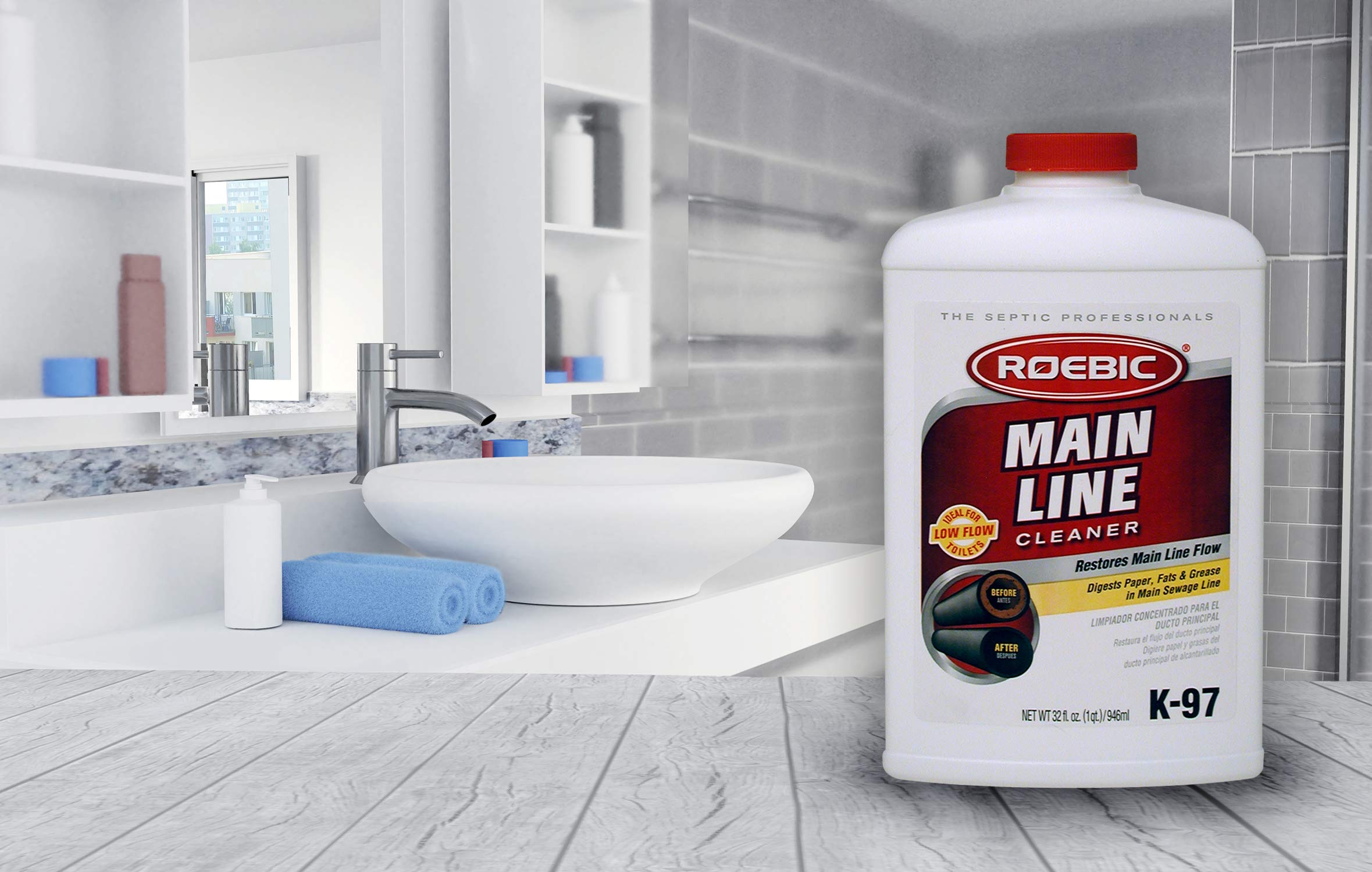 Roebic K-97 Main Line Cleaner, Exclusive Biodegradable Bacteria Digests Paper, Fats, and Grease in Sewer and Septic Systems, 32 Ounces