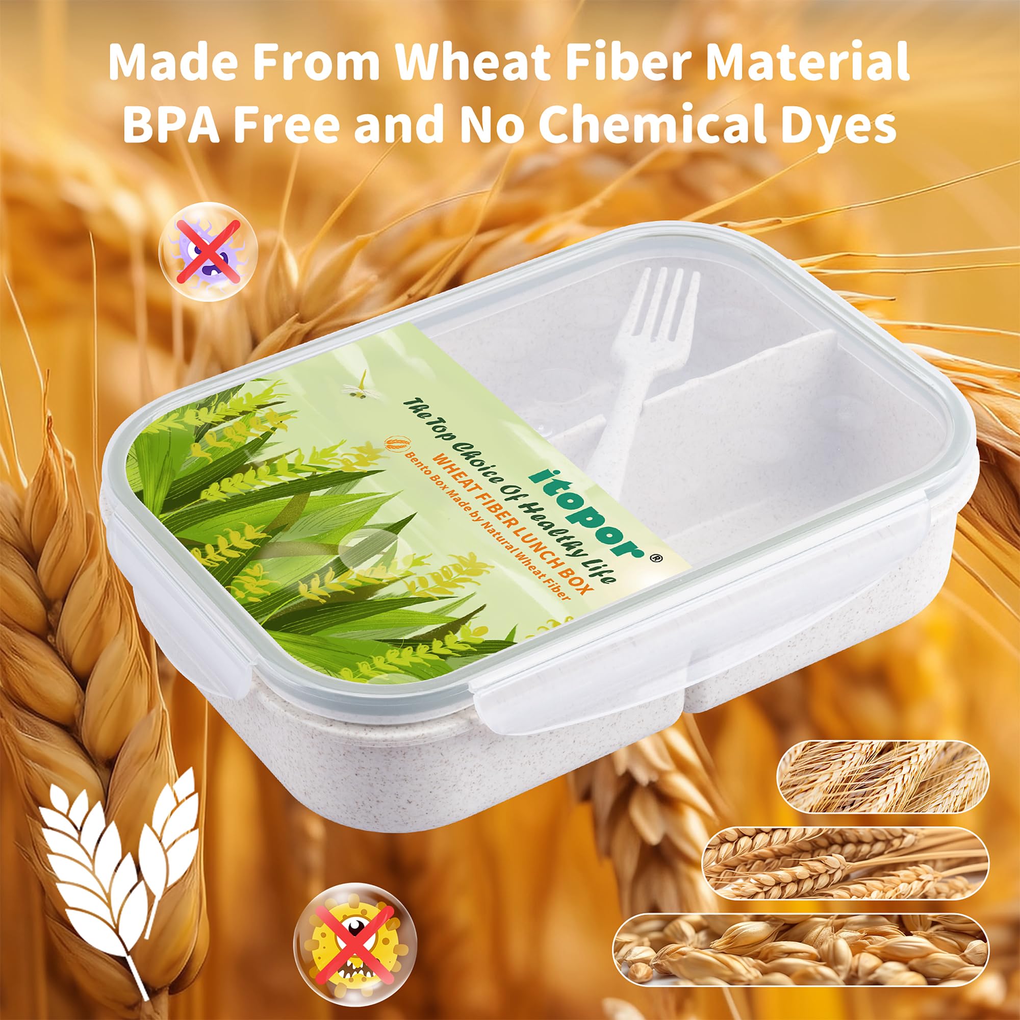 Bento Box,Bento Lunch Box for Kids and Adults, Leakproof Lunch Containers with 3 Compartments, Lunch box Made by Wheat Fiber Material(White) By Itopor
