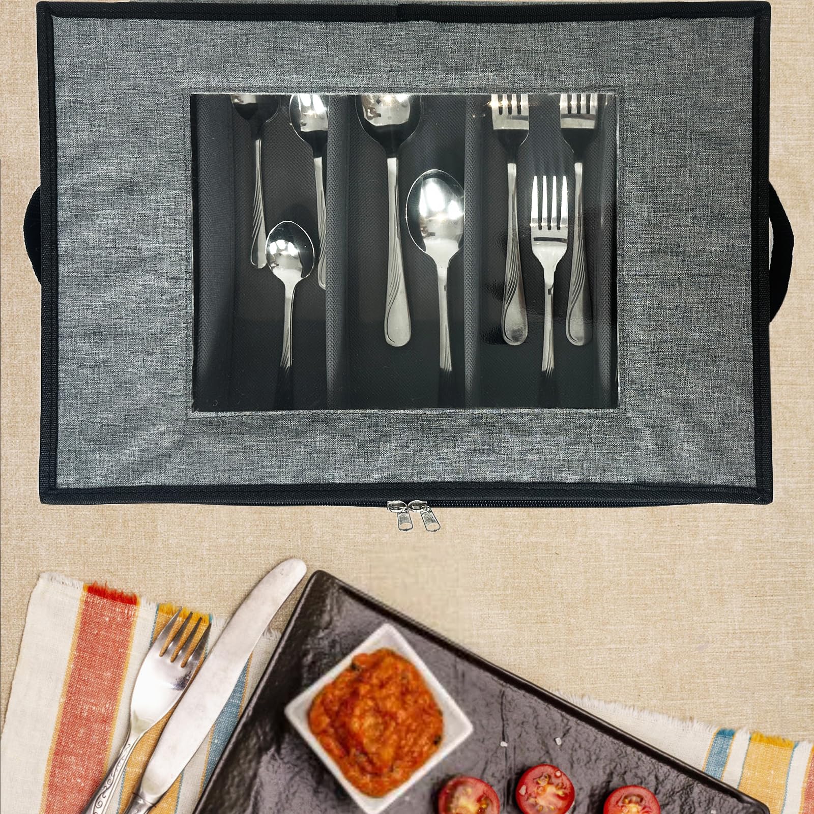 VERONLY Silverware Storage Box - Flatware Case Chest Box, 5 Compartment Tableware Cutlery Container with Removable PVC Lid and Easy to Carry Handles,Large Capacity Utensils(Light Grey)