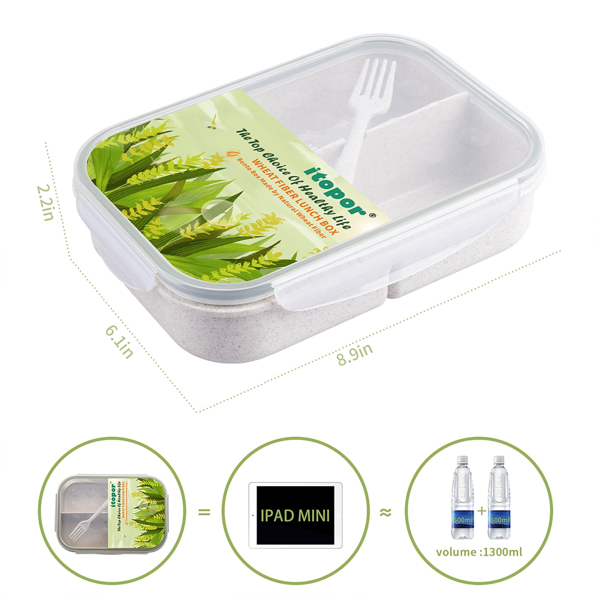 Bento Box,Bento Lunch Box for Kids and Adults, Leakproof Lunch Containers with 3 Compartments, Lunch box Made by Wheat Fiber Material(White) By Itopor