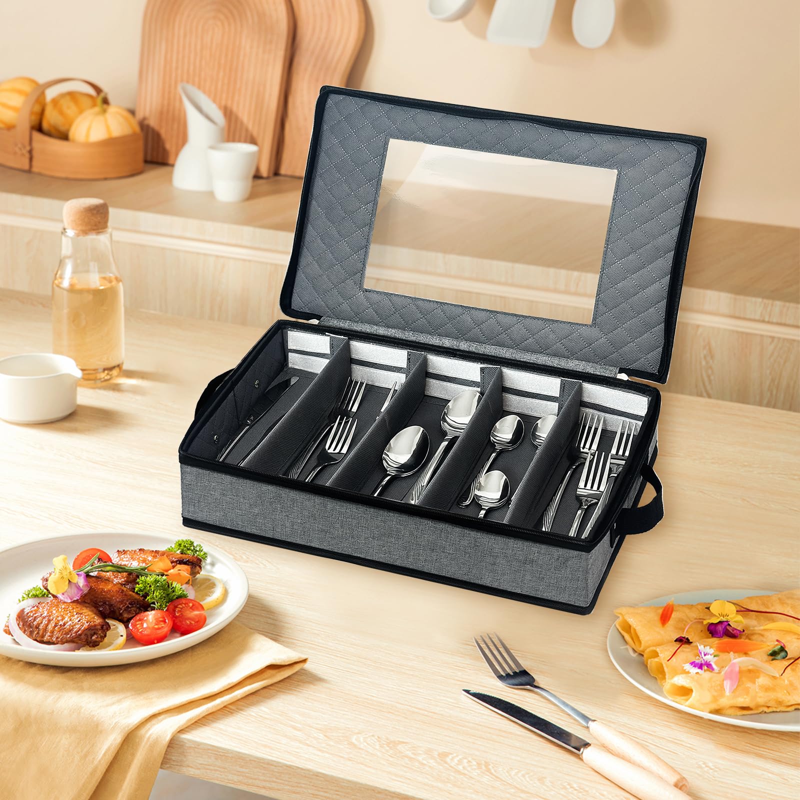 VERONLY Silverware Storage Box - Flatware Case Chest Box, 5 Compartment Tableware Cutlery Container with Removable PVC Lid and Easy to Carry Handles,Large Capacity Utensils(Light Grey)