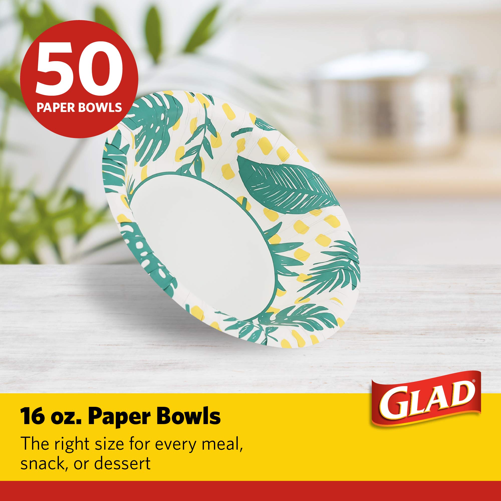 Glad Disposable Heavy Duty Cut Resistant Microwave Safe Paper Bowls with Palm Leaves Design for Hot Soup and Ice Cream for Everyday Use, 16 Oz, 50 Count