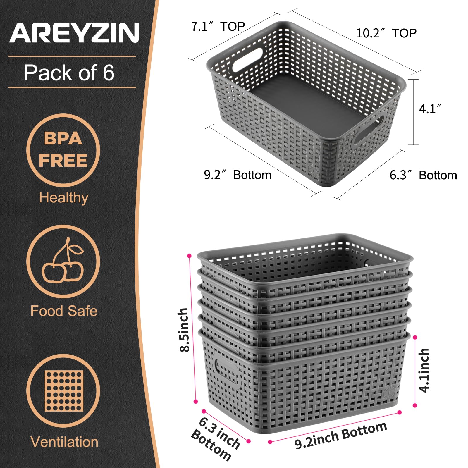 AREYZIN Plastic Storage Baskets With Lid Organizing Container Lidded Knit Storage Organizer Bins for Shelves Drawers Desktop Closet Playroom Classroom Office, 6 Pack