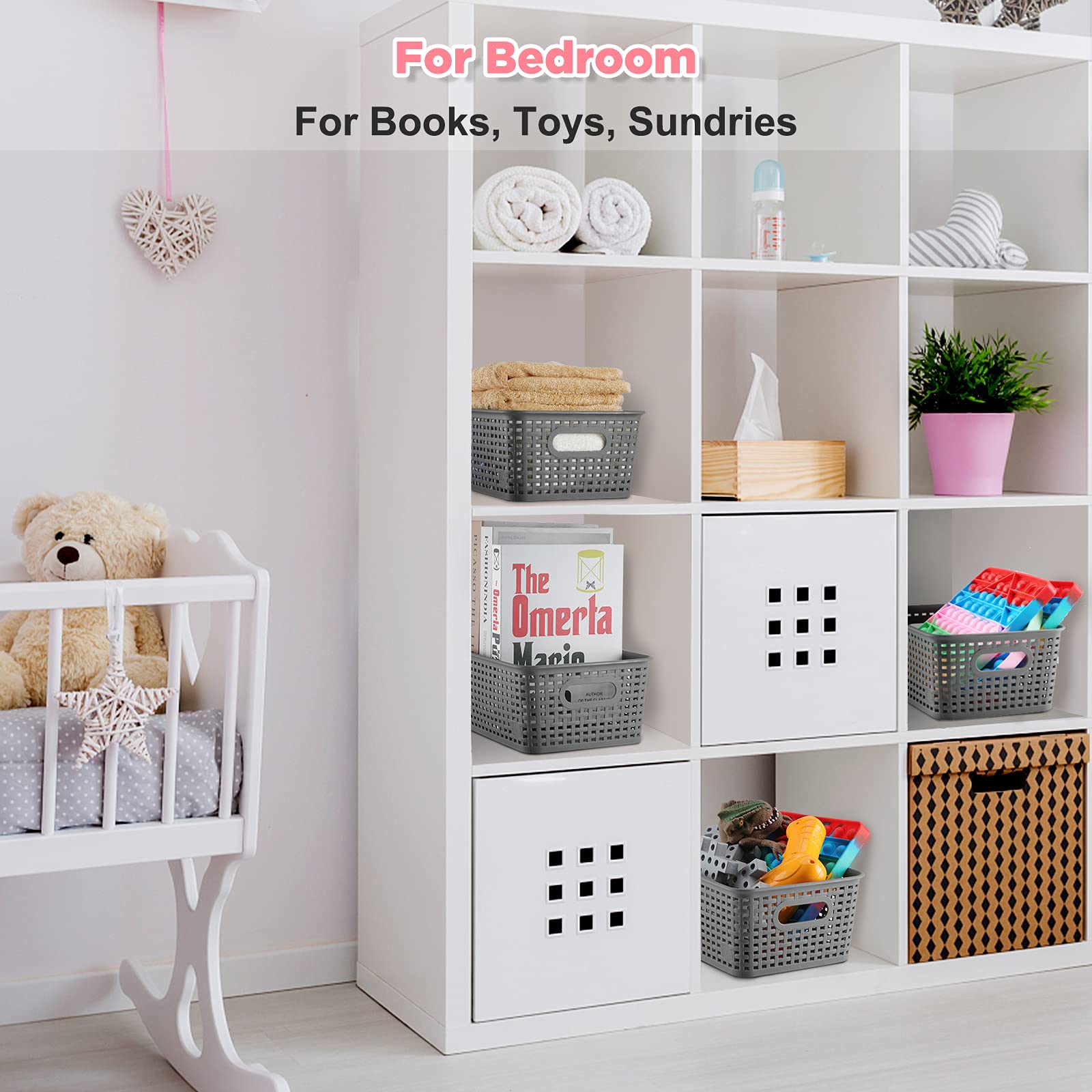 AREYZIN Plastic Storage Baskets With Lid Organizing Container Lidded Knit Storage Organizer Bins for Shelves Drawers Desktop Closet Playroom Classroom Office, 6 Pack