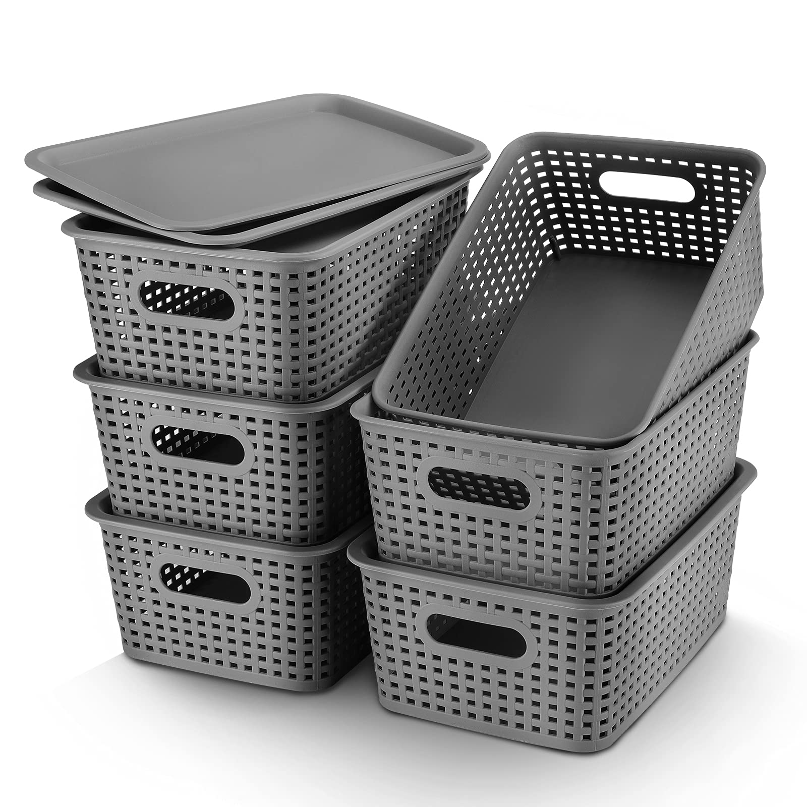 AREYZIN Plastic Storage Baskets With Lid Organizing Container Lidded Knit Storage Organizer Bins for Shelves Drawers Desktop Closet Playroom Classroom Office, 6 Pack