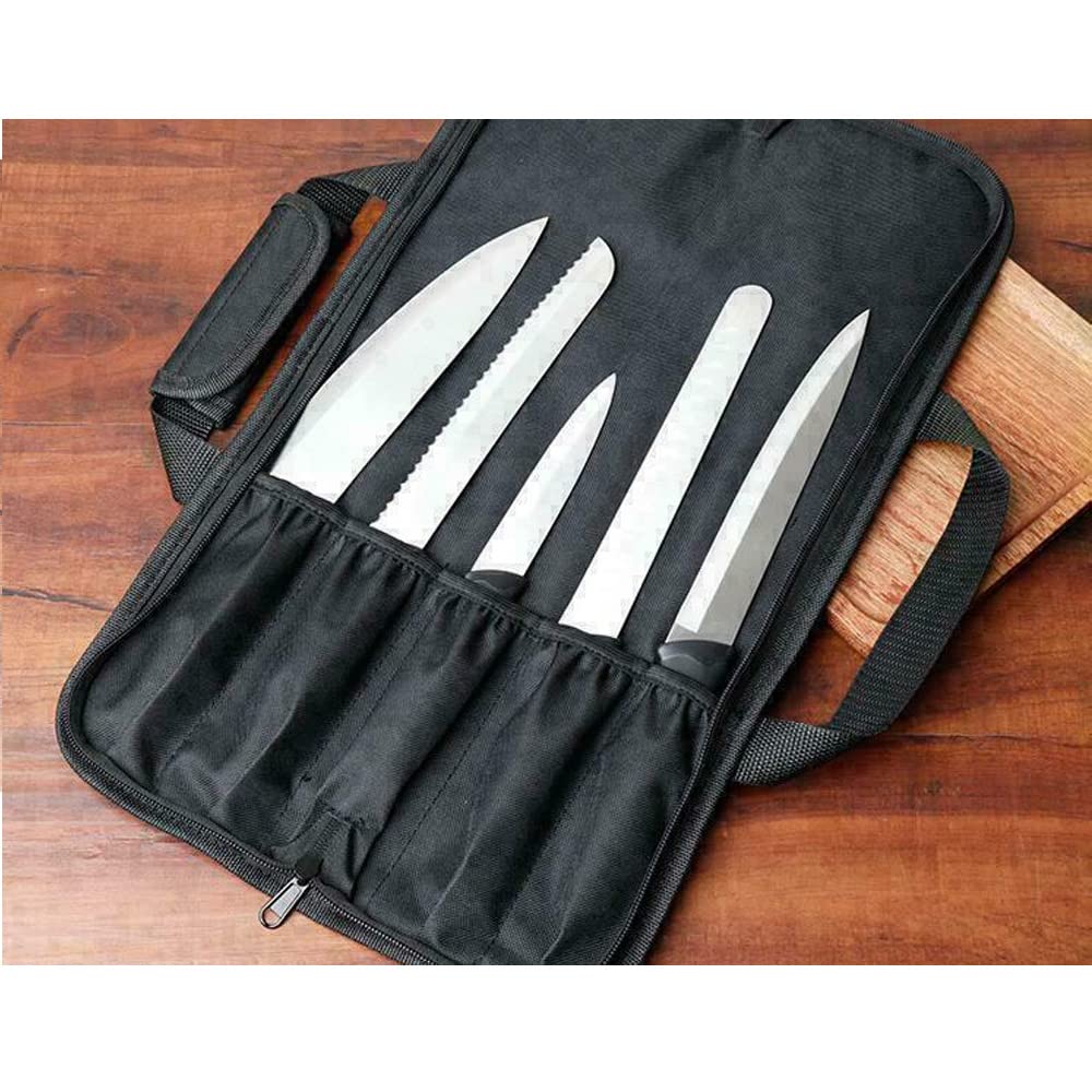 HUHAOLIANHE Professional Kitchen knife Bag (5 Pockets) Storage Carrying Portable Chef Knife Roll Case, Blue