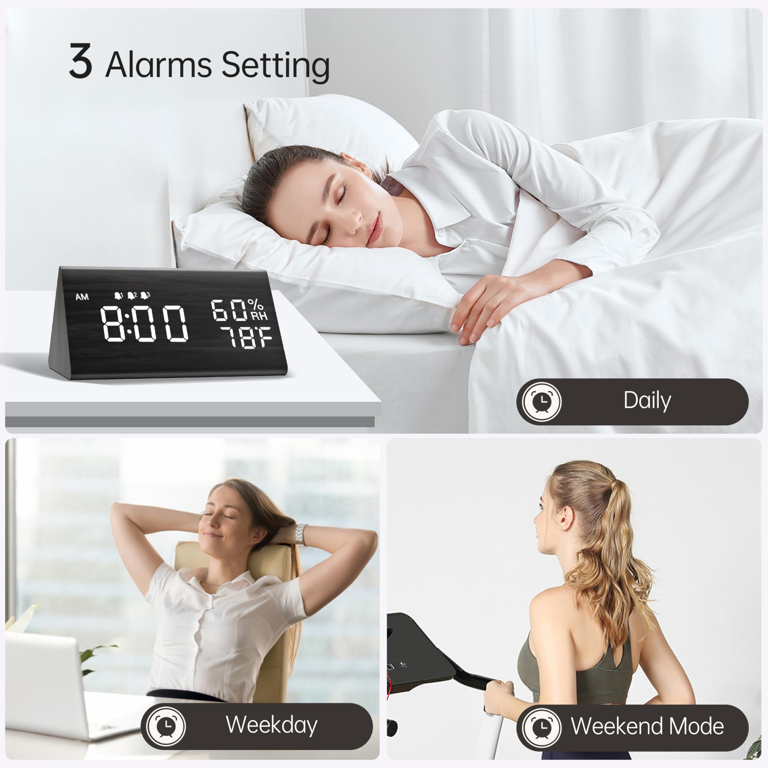 Digital Alarm Clock, with Wooden Electronic LED Time Display, 3 Alarm Settings, Humidity & Temperature Detect, Wood Made Electric Clocks for Bedroom, Bedside⦠(Black)