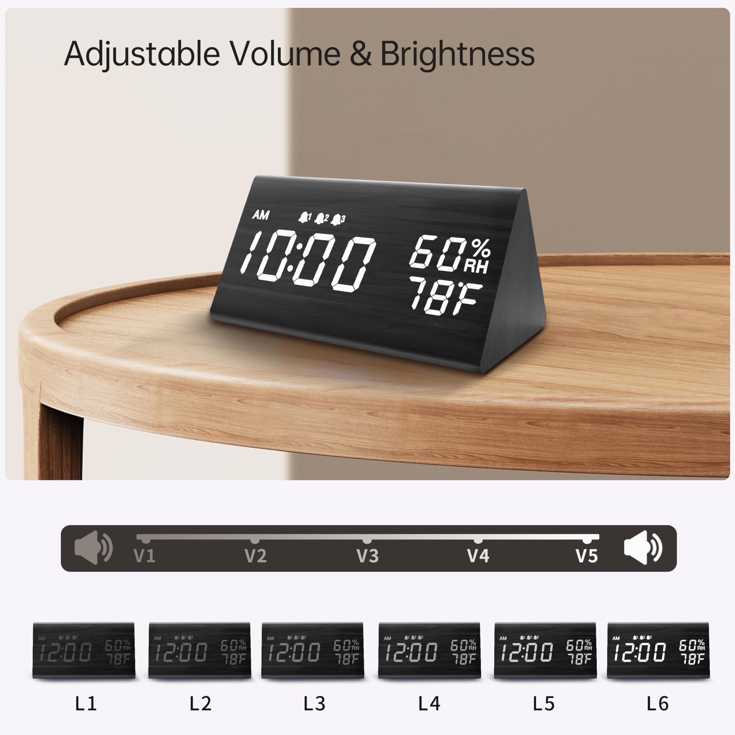 Digital Alarm Clock, with Wooden Electronic LED Time Display, 3 Alarm Settings, Humidity & Temperature Detect, Wood Made Electric Clocks for Bedroom, Bedside⦠(Black)
