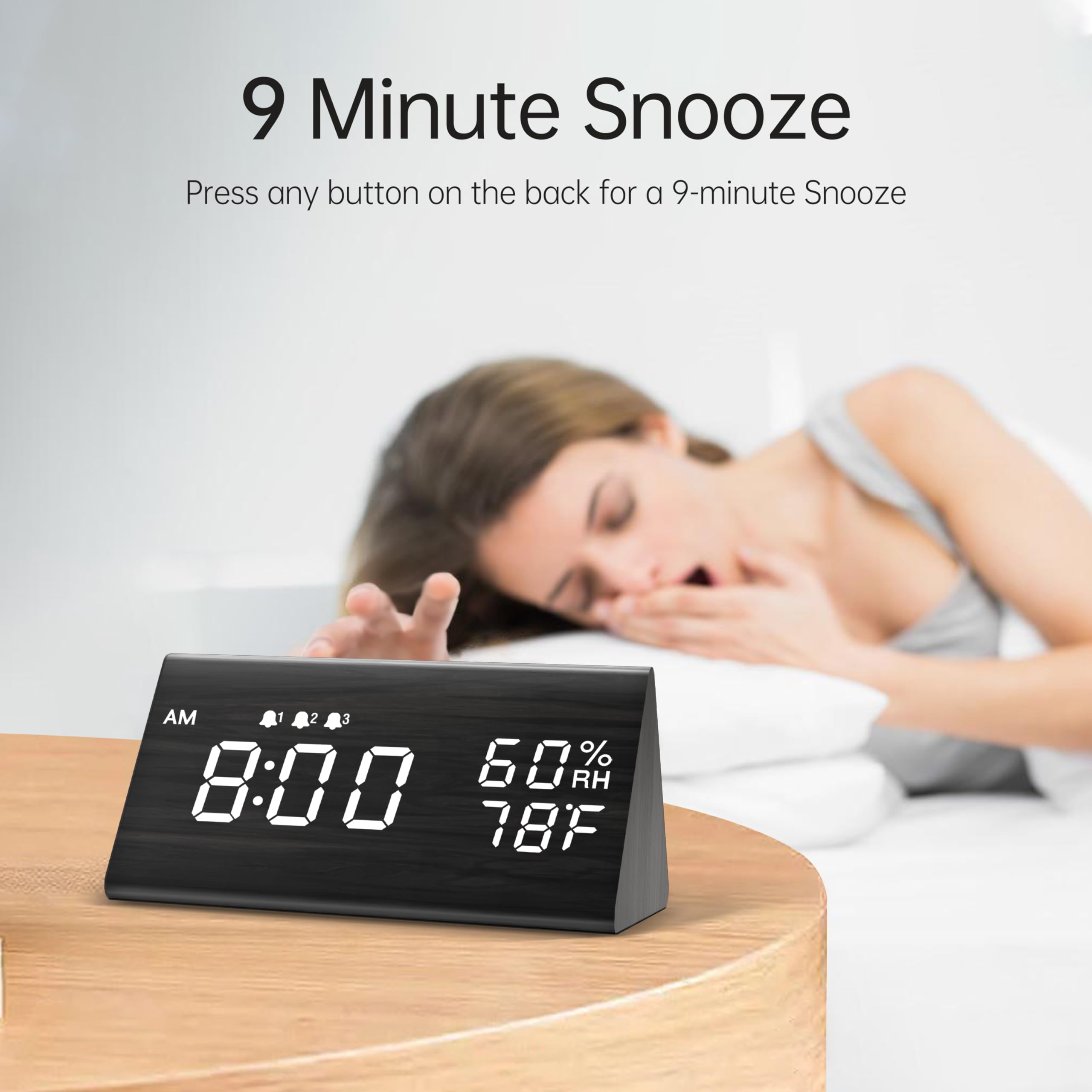 Digital Alarm Clock, with Wooden Electronic LED Time Display, 3 Alarm Settings, Humidity & Temperature Detect, Wood Made Electric Clocks for Bedroom, Bedside⦠(Black)