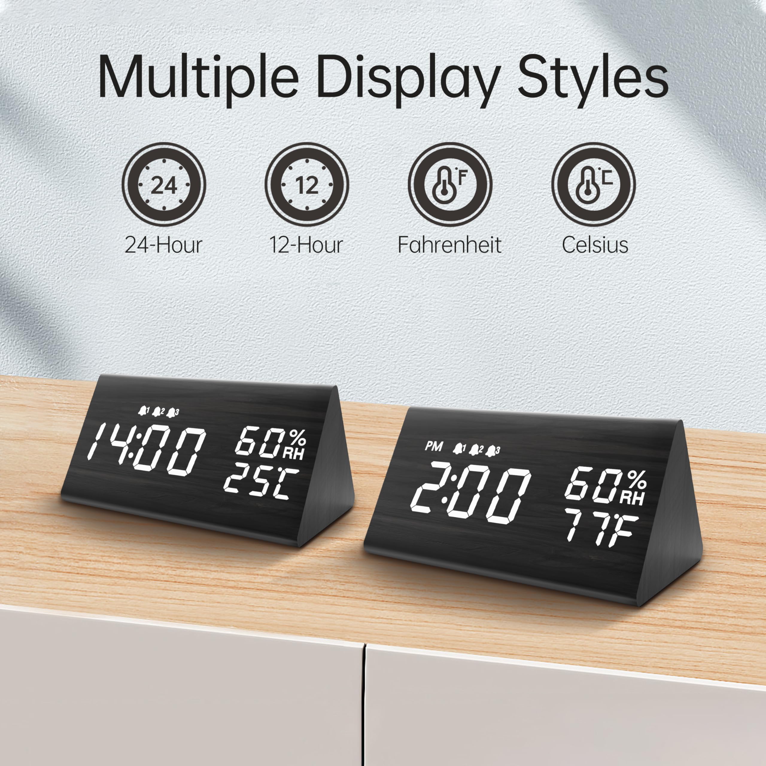 Digital Alarm Clock, with Wooden Electronic LED Time Display, 3 Alarm Settings, Humidity & Temperature Detect, Wood Made Electric Clocks for Bedroom, Bedside⦠(Black)