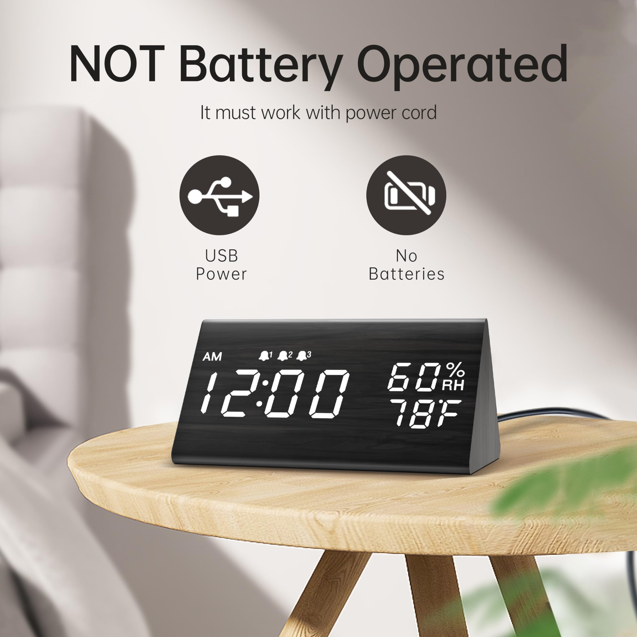 Digital Alarm Clock, with Wooden Electronic LED Time Display, 3 Alarm Settings, Humidity & Temperature Detect, Wood Made Electric Clocks for Bedroom, Bedside⦠(Black)