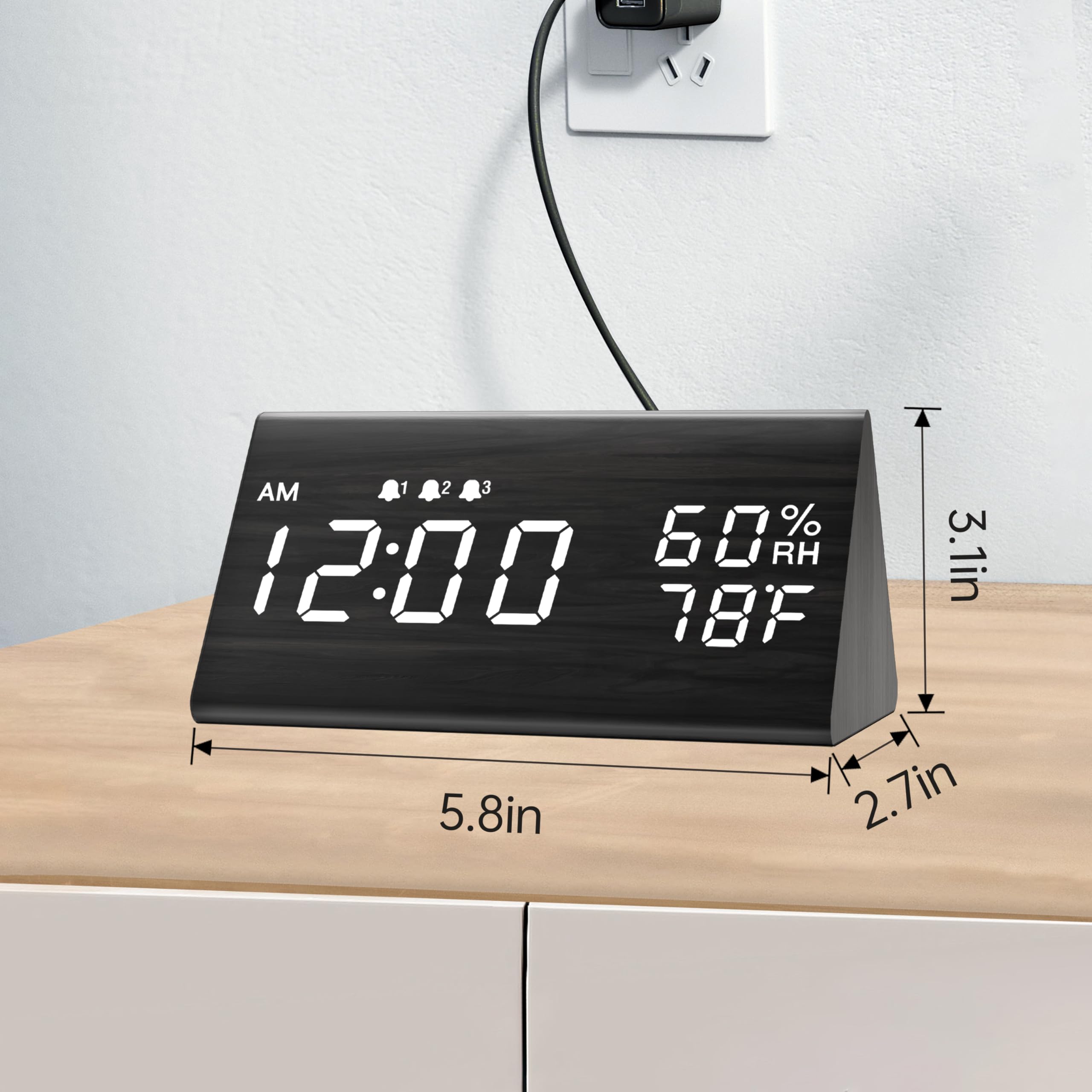 Digital Alarm Clock, with Wooden Electronic LED Time Display, 3 Alarm Settings, Humidity & Temperature Detect, Wood Made Electric Clocks for Bedroom, Bedside⦠(Black)