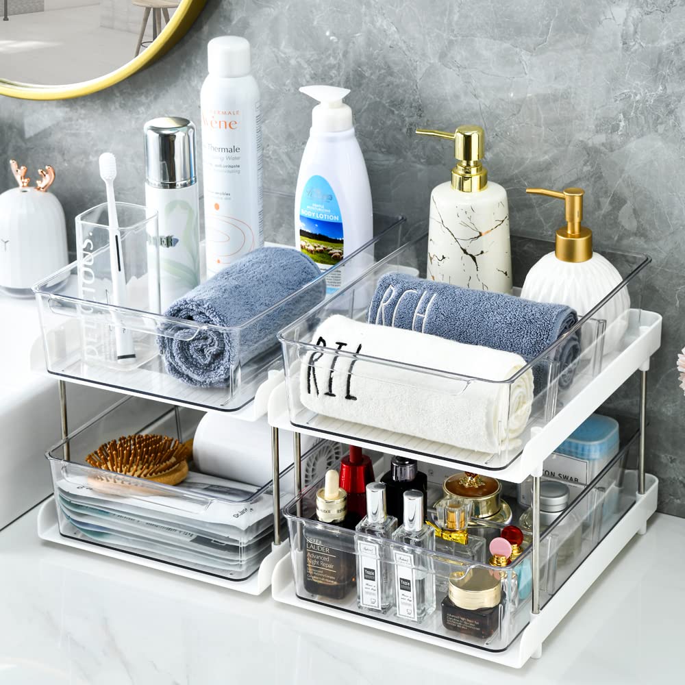 Lille Home 2-Tier Clear Organizer with Sliding Storage Drawers/Baskets, with Handles and Dividers for Kitchen, Under Sink, Bathroom, and Office, BPA Free