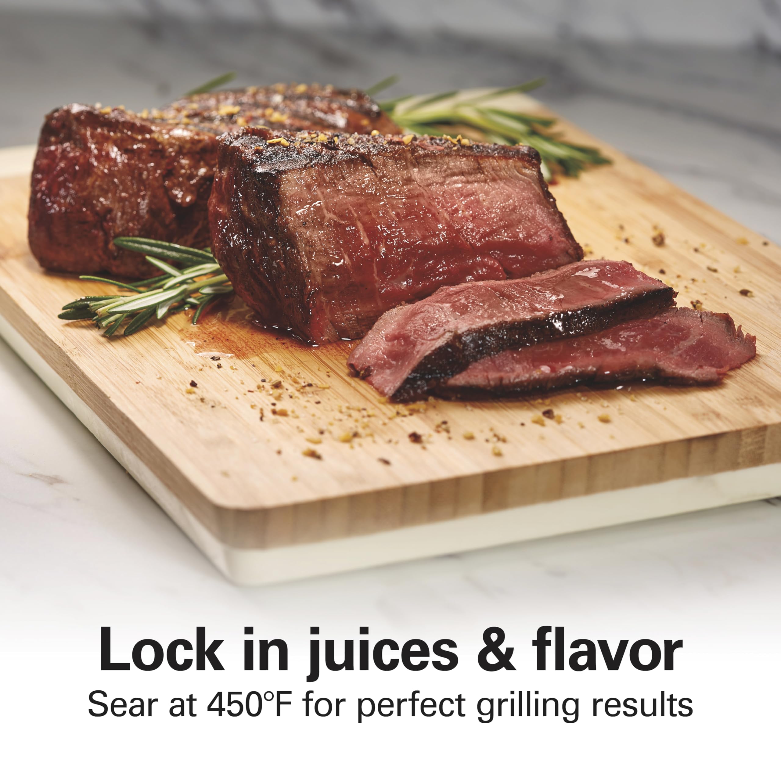 Hamilton Beach Electric Indoor Searing Grill with Adjustable Temperature Control to 450F, 118 sq. in. Surface Serves 6, Removable Nonstick Grate, Viewing Window, Stainless Steel