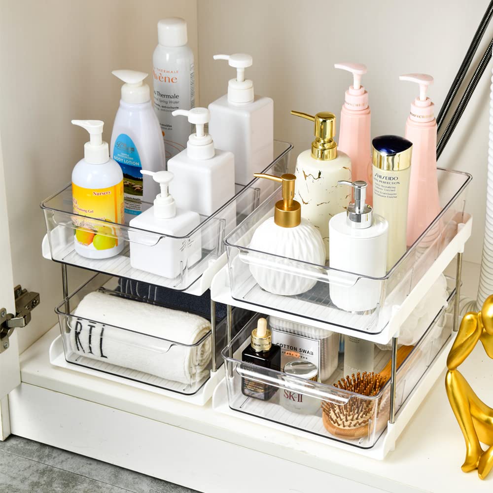 Lille Home 2-Tier Clear Organizer with Sliding Storage Drawers/Baskets, with Handles and Dividers for Kitchen, Under Sink, Bathroom, and Office, BPA Free