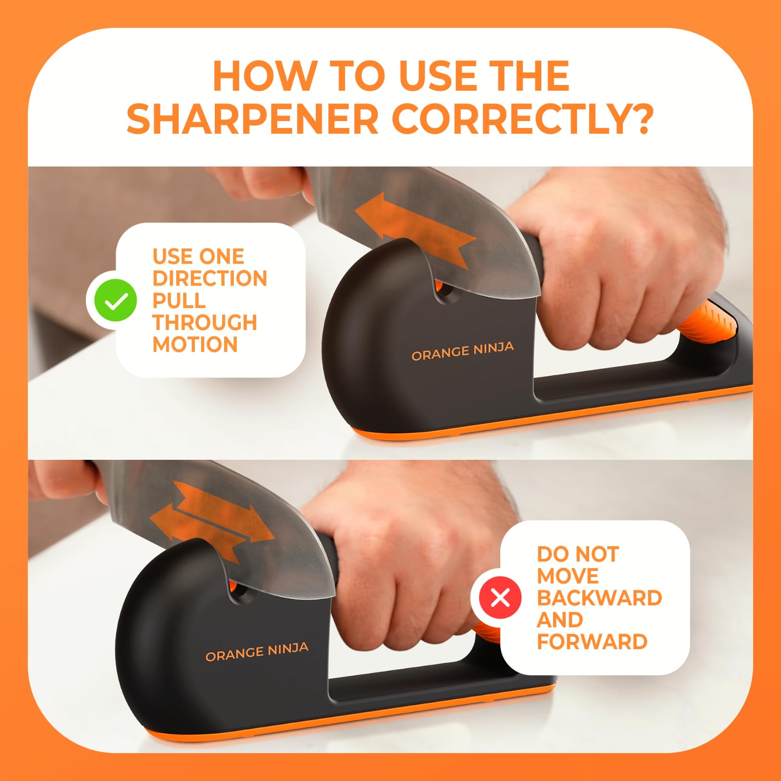 Orange Ninja 4-Stage Knife Sharpener - Premium Kitchen Knife Sharpeners - Adjustable Handheld Manual Knife Sharpeners for Kitchen Knives, Pocket knife Sharpener, Chef & Serrated Knife by Sharp Pebble