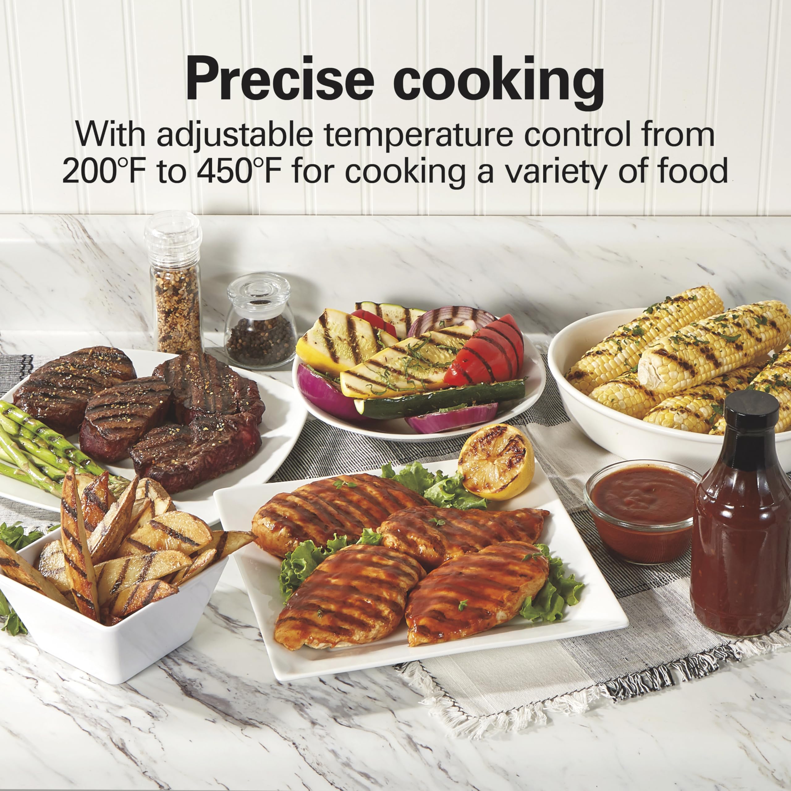 Hamilton Beach Electric Indoor Searing Grill with Adjustable Temperature Control to 450F, 118 sq. in. Surface Serves 6, Removable Nonstick Grate, Viewing Window, Stainless Steel
